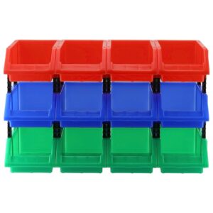 HOIGON 12 Pack Garage Storage Tool Bin, 7.09 x 4.72 x 3.15 Inch Plastic Hanging Stacking Stackable Organizer Storage Rack for Hardware Tools Organization, Workshop, Small Parts, Green Blue Red