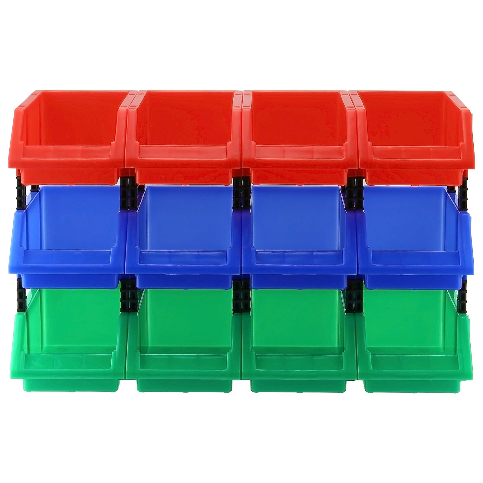 HOIGON 12 Pack Garage Storage Tool Bin, 7.09 x 4.72 x 3.15 Inch Plastic Hanging Stacking Stackable Organizer Storage Rack for Hardware Tools Organization, Workshop, Small Parts, Green Blue Red