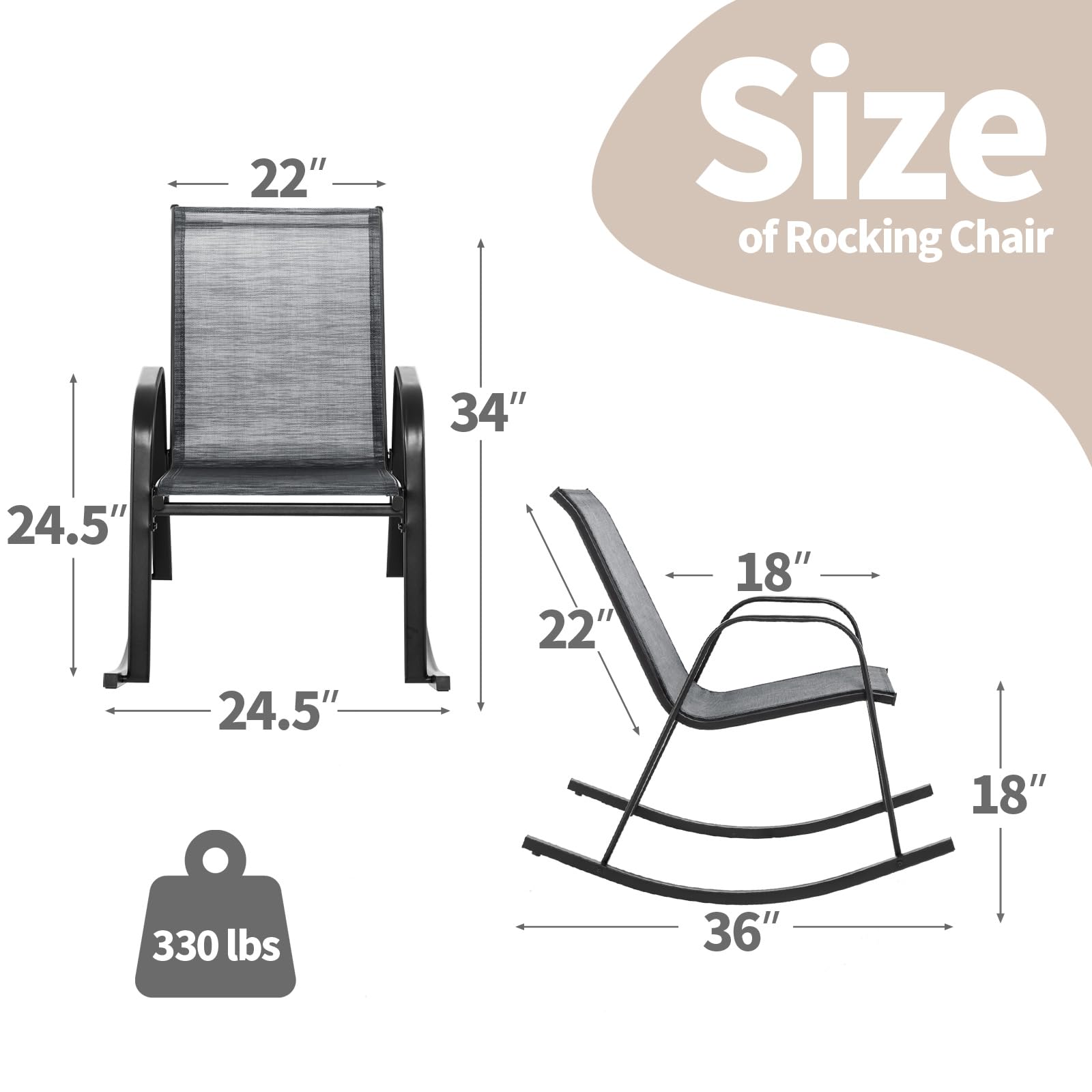 Tangkula Patio Rocking Chair Set of 2, Outdoor Ergonomic Rockers with Breathable Fabric Seat, Gentle Rocking Function, Sturdy Metal Rocker for Front Porch, Backyard, Garden