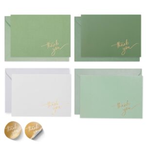 gold foil thank you cards - bulk pack of 40, 5x3.5 inch with matching stickers & envelopes (green) textured surface for a unique feel - suitable for baby shower, wedding, small business, graduation