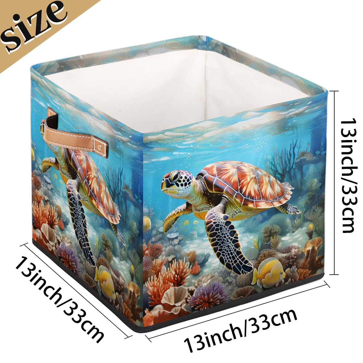 TropicalLife 13x13x13 Inch Ocean Beach Turtle Large Fabric Storage Cubes, Collapsible Cube Storage Bins Organizer Boxes Cube Baskets for Organizing Closet Shelves