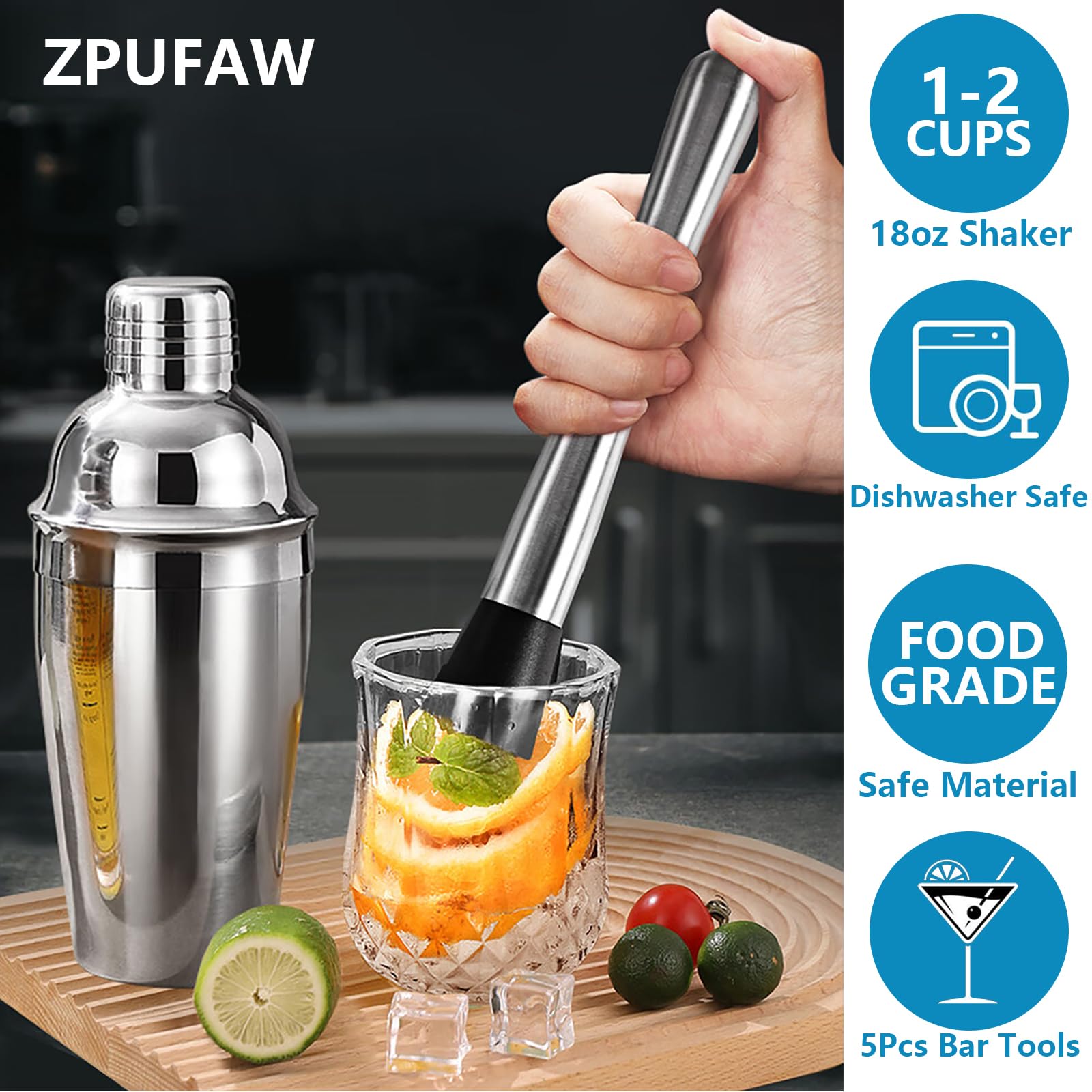 ZPUFAW 5-Piece Cocktail Shaker Set Shaker Strainer Jigger T-Mixing Spoon Muddler Bartender Kit Stainless Steel Bar Set Housewarming Gift