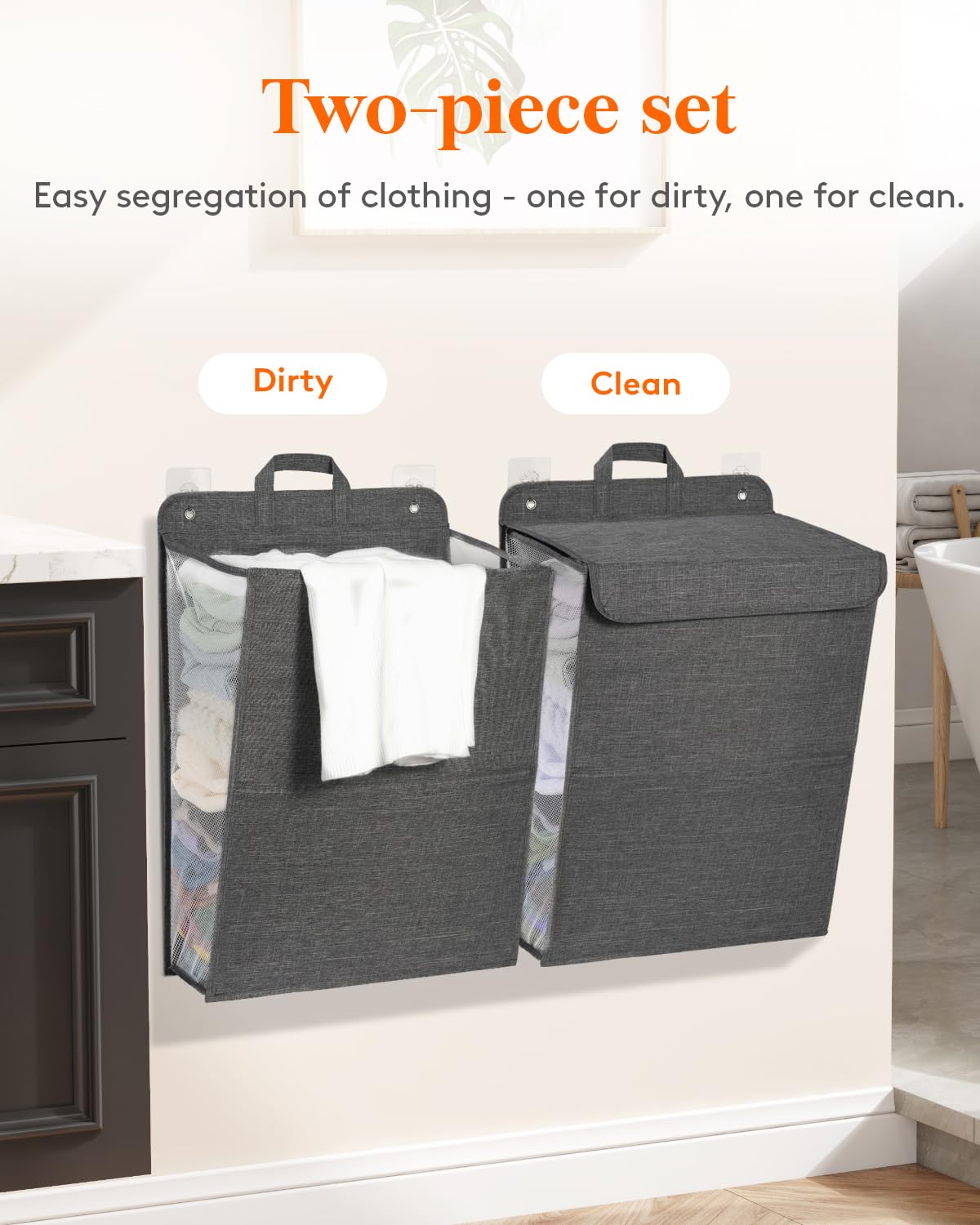 Lifewit 50L Hanging Laundry Hamper, 2 Pack Collapsible Large Opening Portable Laundry Basket with Lid and Handle, Wall Mounted Mesh Dirty Clothes Hamper Over the Door and Wall for Bathroom Dorm, Black