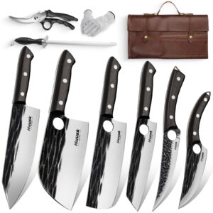 huusk knives set, serbian chef knife set with bag, japanese kitchen knife set, hand forged high carbon steel knife set, full tang knife set with ebony handle, butcher knife set for dad, ideal gif