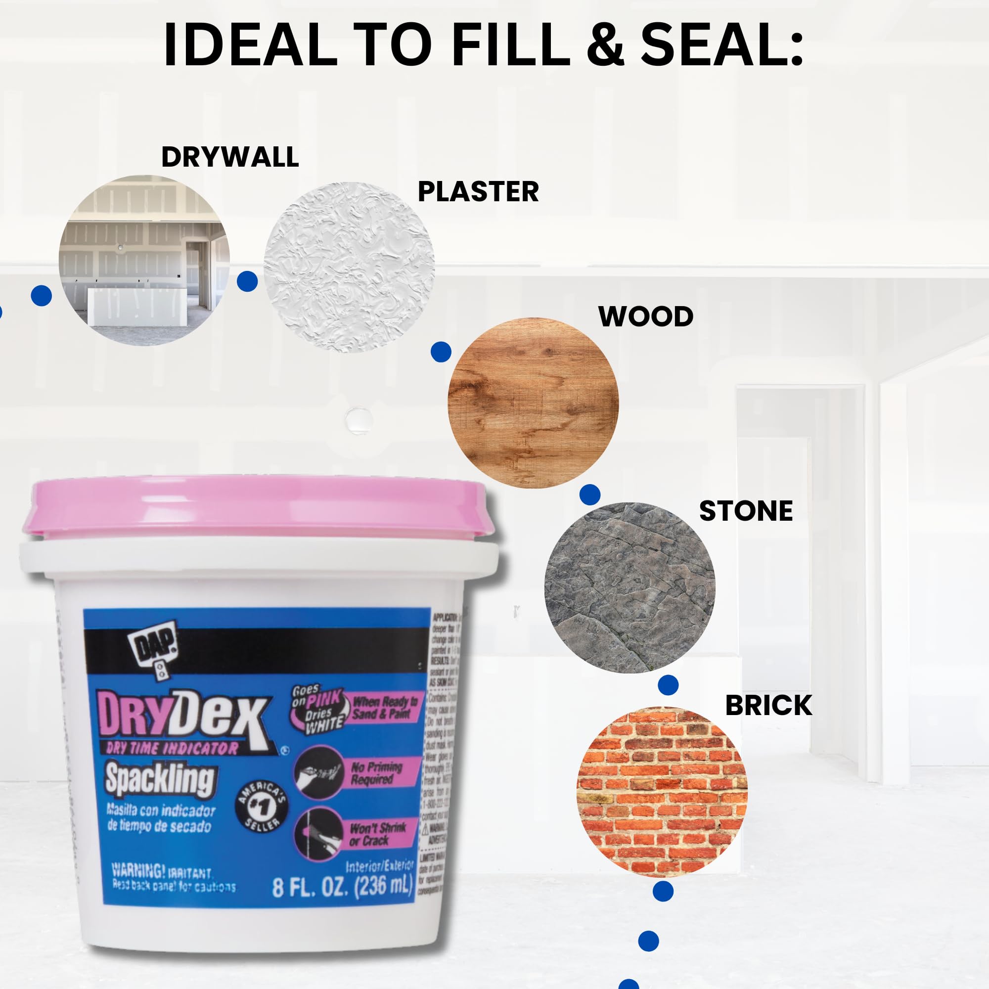 Drywall Repair Kit- Bundle with DAP Drydex Spackling Pink-Sanding Block, Putty Knives, Handy Dandy Guide- Spackle Wall Repair Kit- Nail Hole Filler for Walls-Drywall Patch Kit