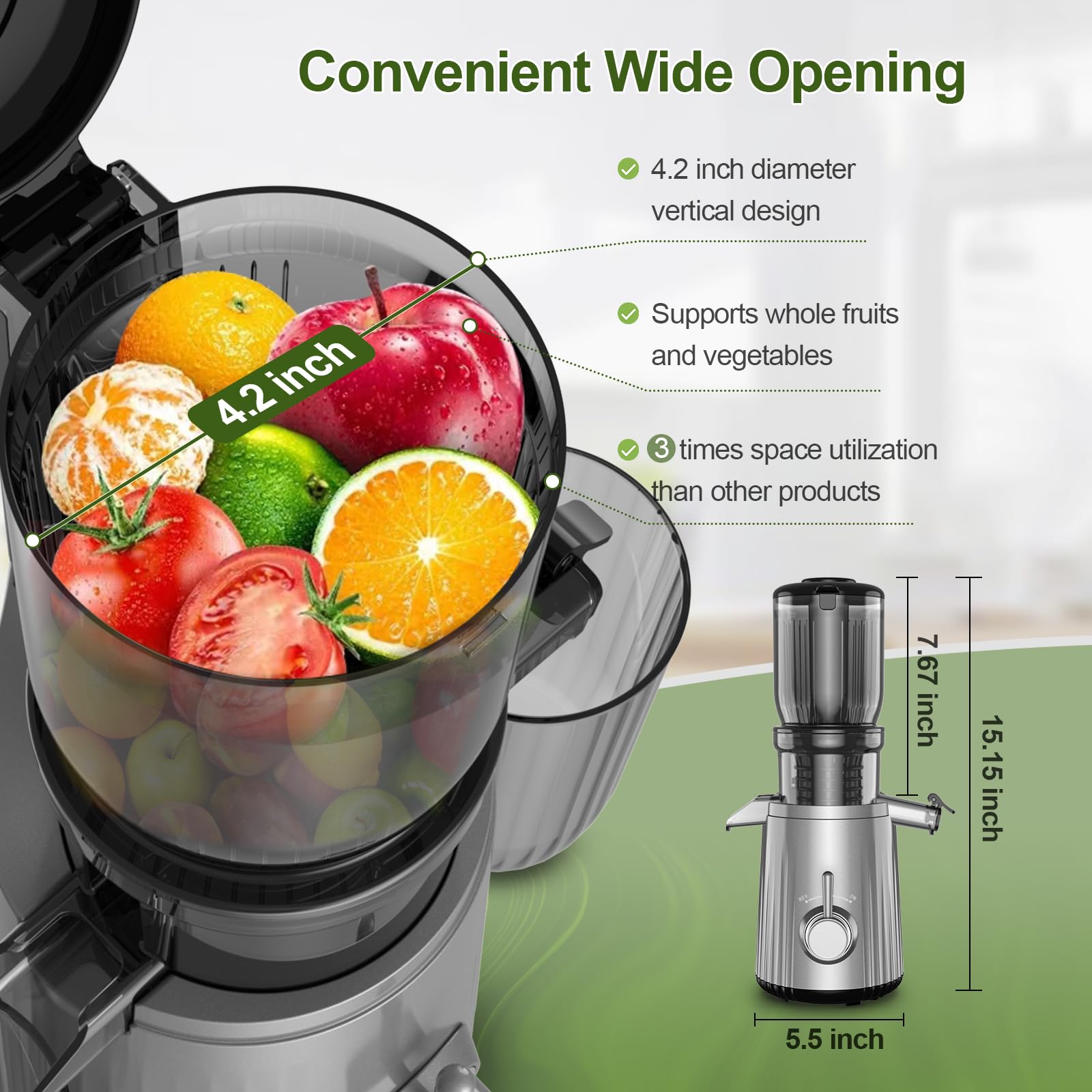 Slow Masticating Machines With Exclusive Filter Technology for High Juice Yield & Easy Clean,4.2'' Extra Large Feed Chute Cold Press Juicer Machine Fit Whole Fruits Vegetables,Silver Grey