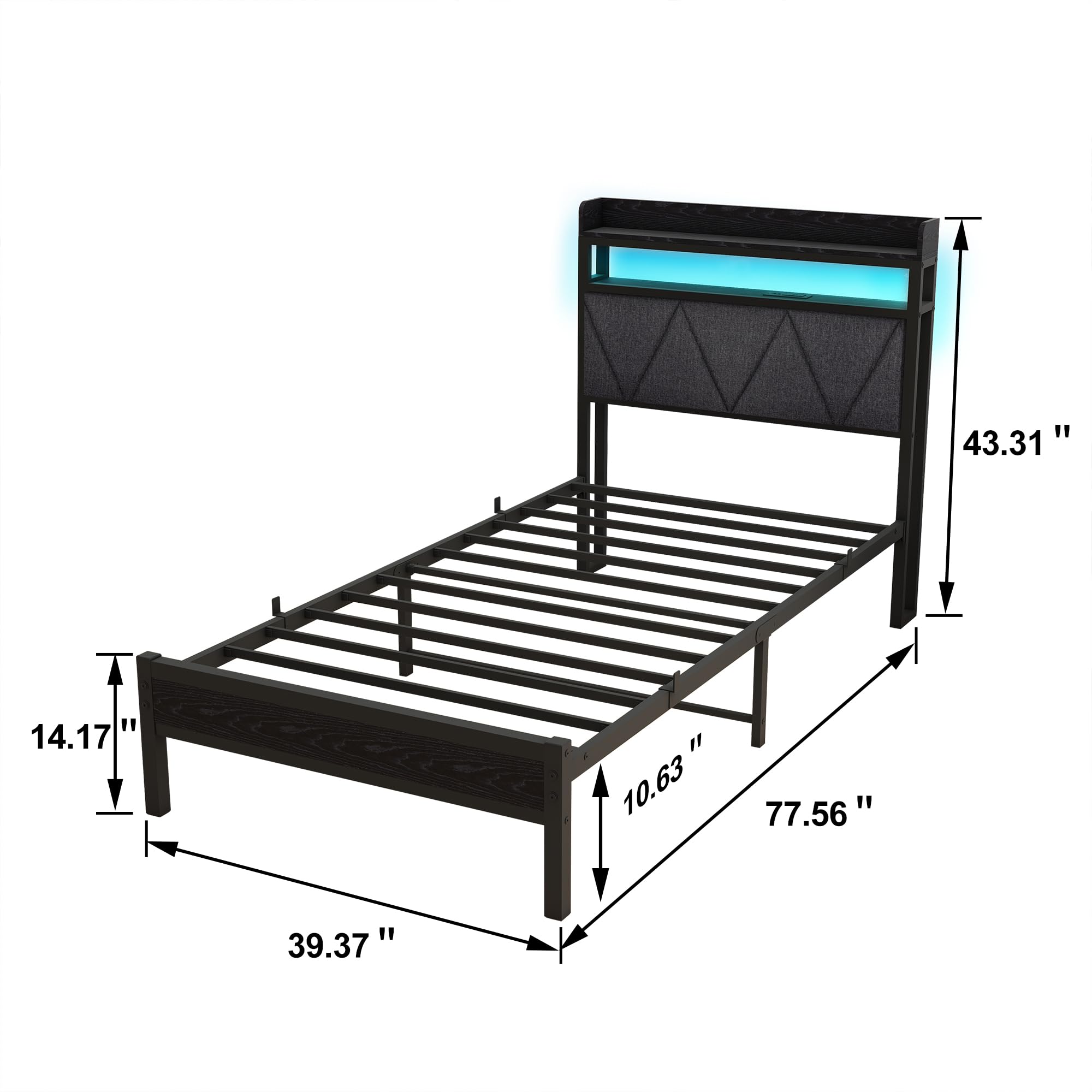 VERFARM Twin Size Bed Frame with LED Lights Storage Upholstered Headboard and USB Charging Station, Heavy Duty Metal Single Platform Bed Frame Twin Size, No Box Spring Needed, Easy Assembly