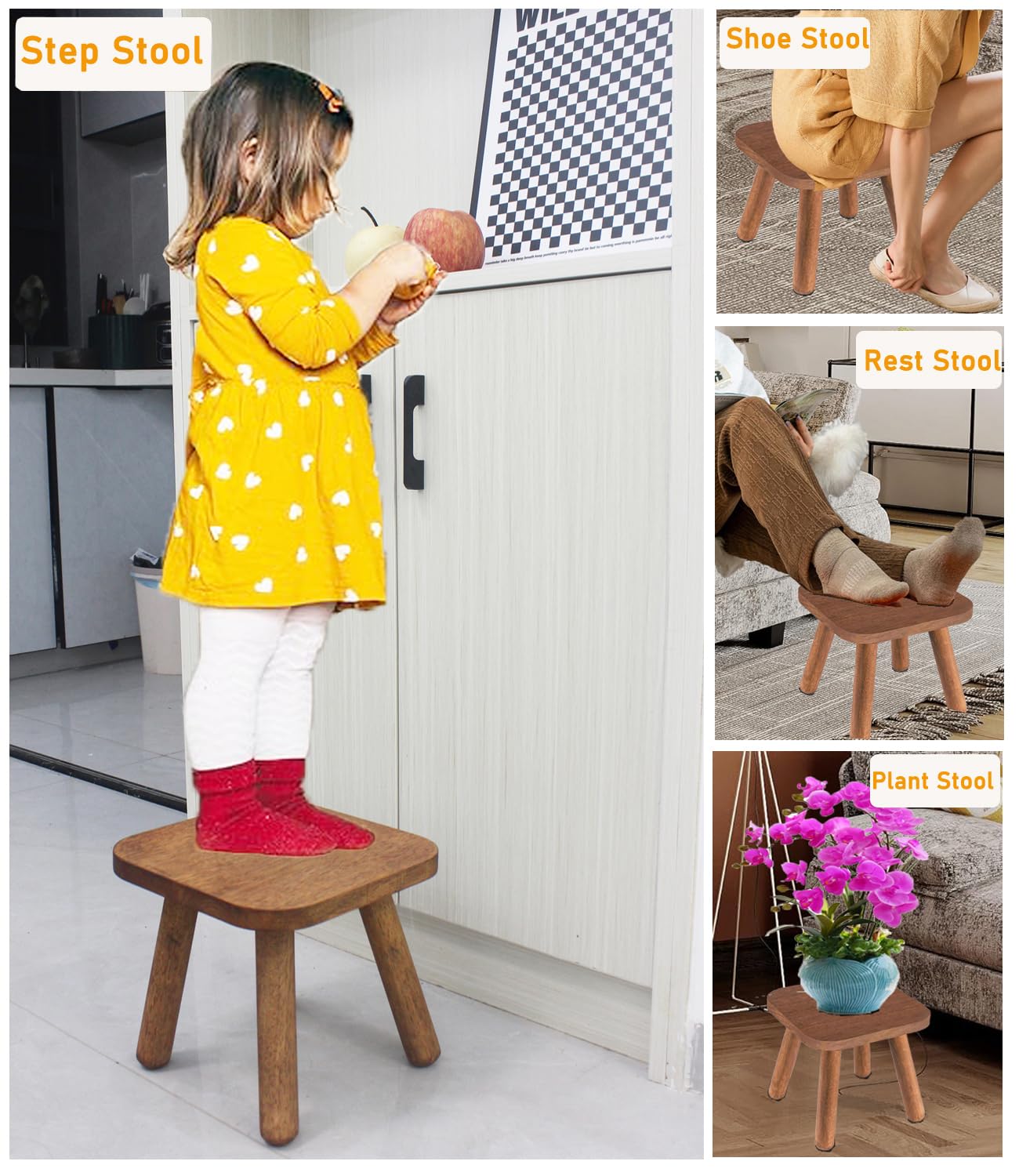 zaowofires Solid Wood Step Stool，Milking Stool, Plant Stand, Round Foot Stool, Removable Portable Stool, Shoe Changing Stool, Small Short Stooll (Walnut)