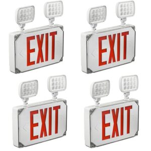 wet location red exterior weatherproof outdoor led combo exit sign emergency light with battery backup, double face, ac 120v/277v, ul certified (4 pack)