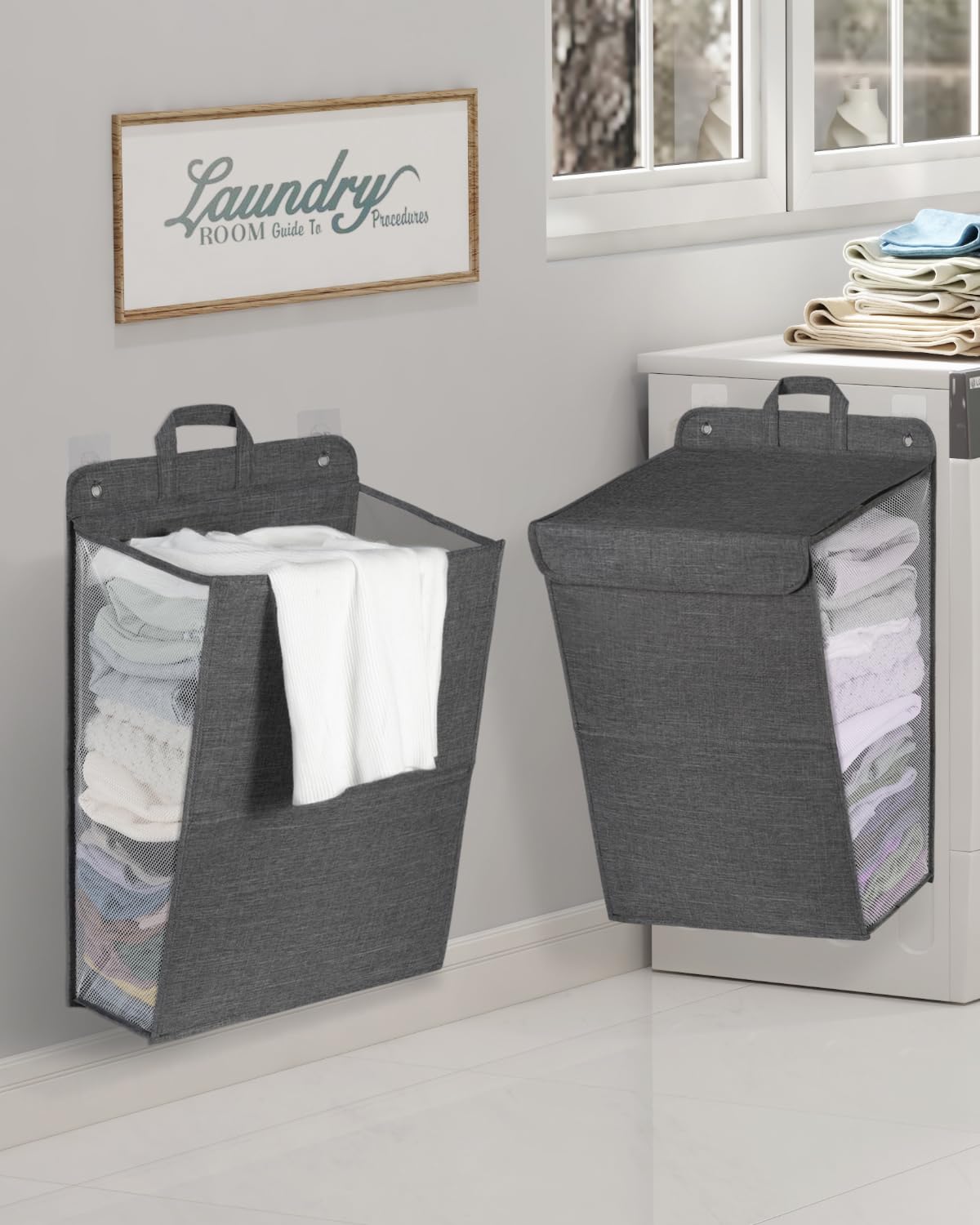 Lifewit 50L Hanging Laundry Hamper, 2 Pack Collapsible Large Opening Portable Laundry Basket with Lid and Handle, Wall Mounted Mesh Dirty Clothes Hamper Over the Door and Wall for Bathroom Dorm, Black