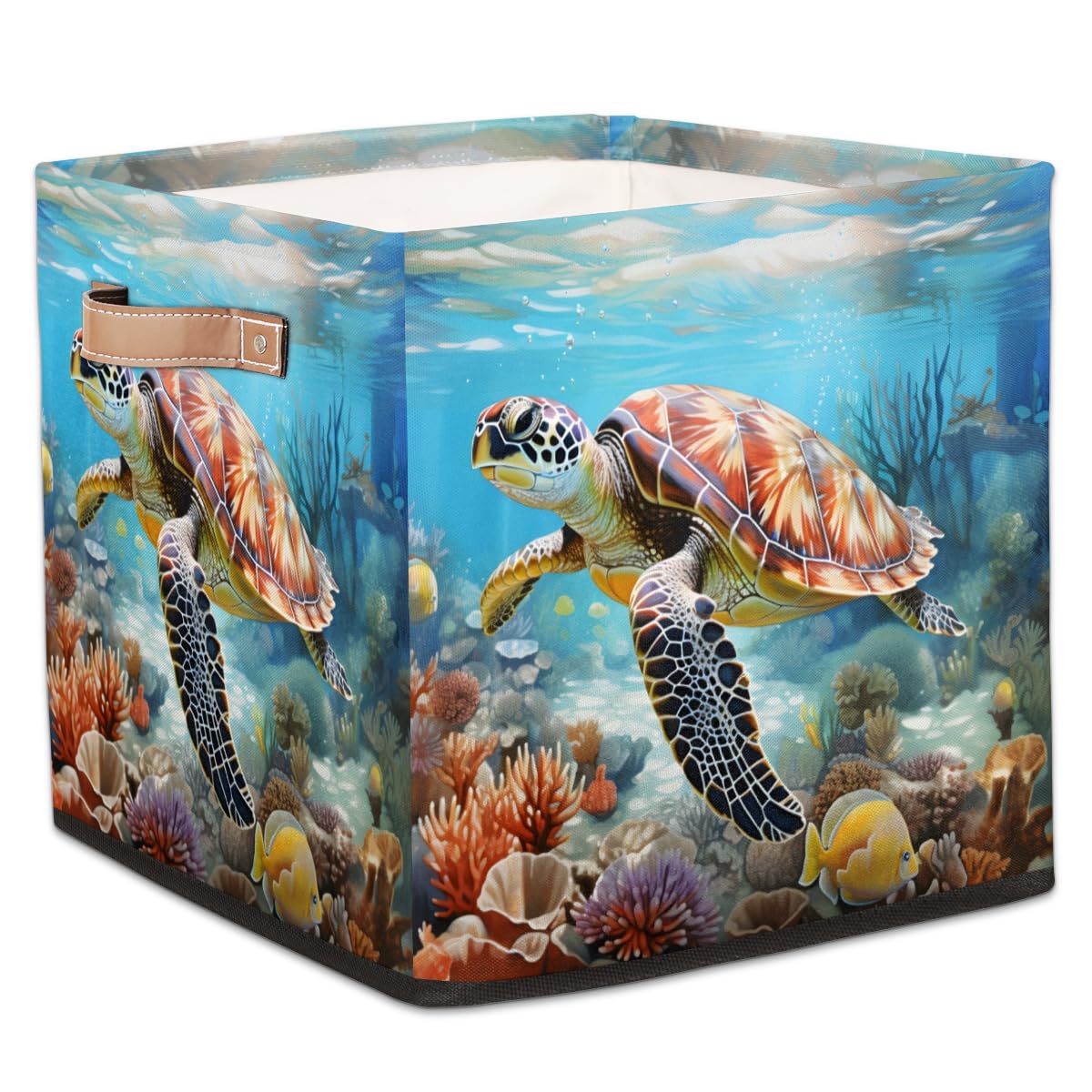 TropicalLife 13x13x13 Inch Ocean Beach Turtle Large Fabric Storage Cubes, Collapsible Cube Storage Bins Organizer Boxes Cube Baskets for Organizing Closet Shelves