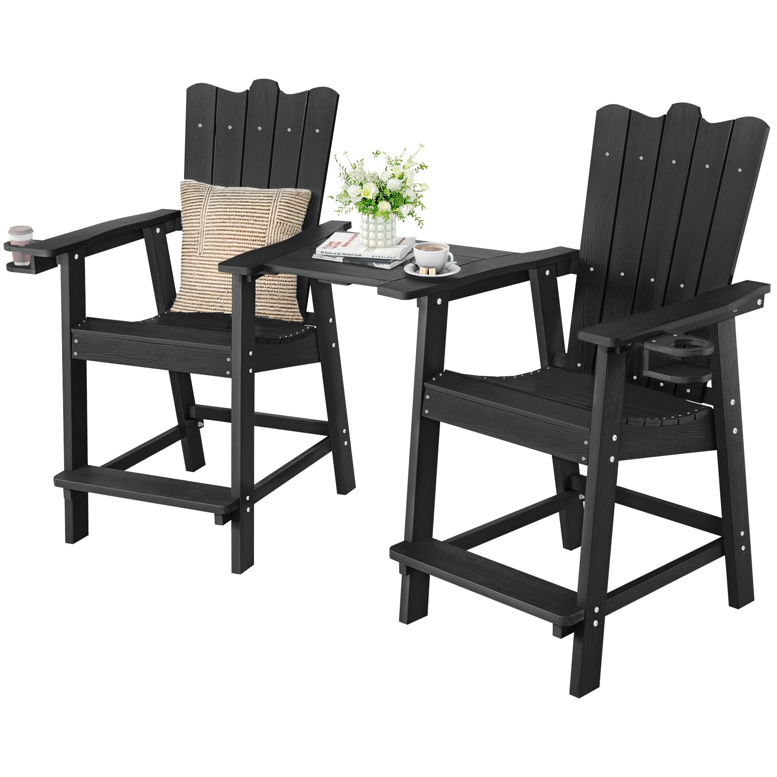 ONBRILL Tall Balcony Chair Set of 2, Patio Adirondack Chairs with Removable Connecting Trays, Outdoor Adirondack Barstools with Cup Holder and Umbrella Hole, Bar Height Chair Perfect for Patios, Black