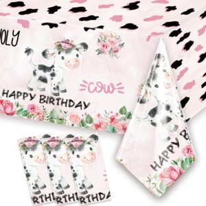 letromp holy cow birthday party table cloth 3 pack 54'' x 108'' pink cow print table covers for farm animals cow theme girls baby shower 1st 2nd 3rd 4th birthday party table supplies decorations