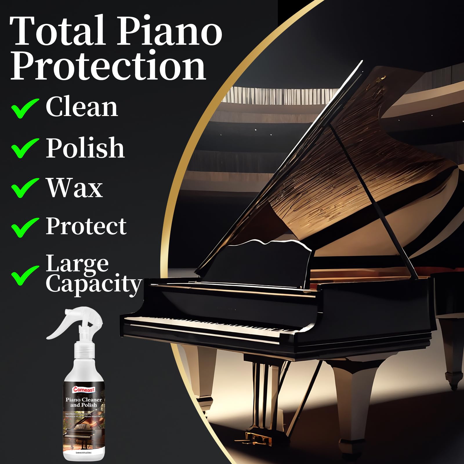 Piano Cleaner and Polish, Clean, Wax and Protect Glossy All in One Bottle Restore the Shine, Remove Fingerprints and Stains, and Enhance the Brightness of the Wood or Lacquer Finish, 8.45 Fl Oz