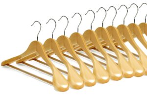 enuosuma high-grade wide shoulder wooden hangers 10 pack,smooth finish wood suit hanger coat hanger for closet,non slip pants bar,holds up to 20lbs, 360° swivel hook,for jacket,dress heavy clothes