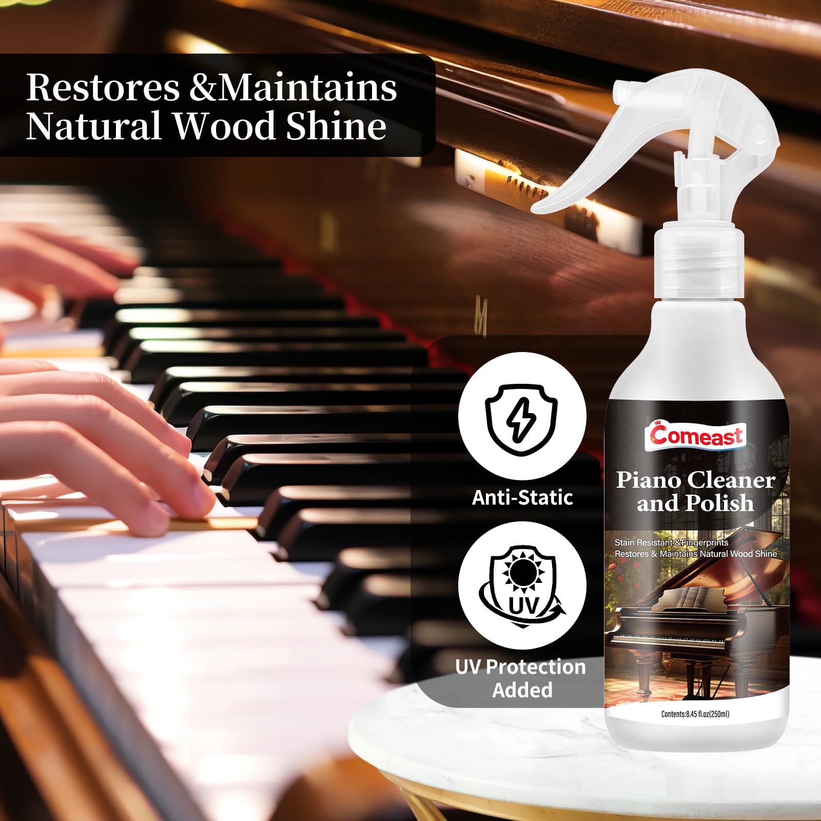 Piano Cleaner and Polish, Clean, Wax and Protect Glossy All in One Bottle Restore the Shine, Remove Fingerprints and Stains, and Enhance the Brightness of the Wood or Lacquer Finish, 8.45 Fl Oz