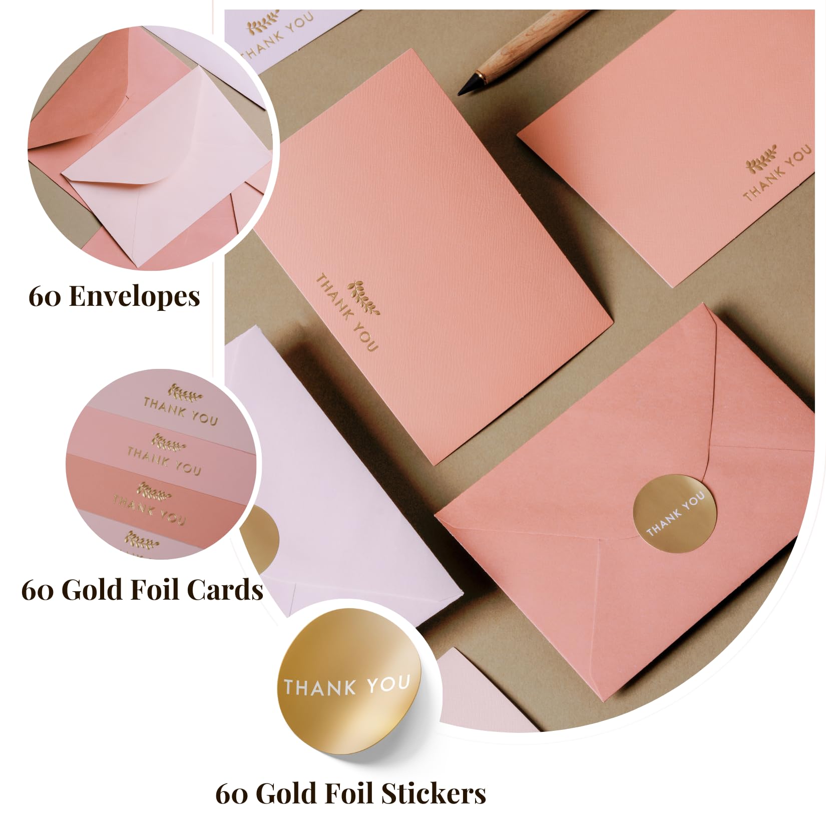 Gold Foil Thank You Cards Bulk Pack of 60, 5x3.5 Inch with Matching Stickers & Envelopes (Pink) Textured Surface Non-folding Note Cards - Suitable for Baby Shower, Wedding, Small Business, Graduation