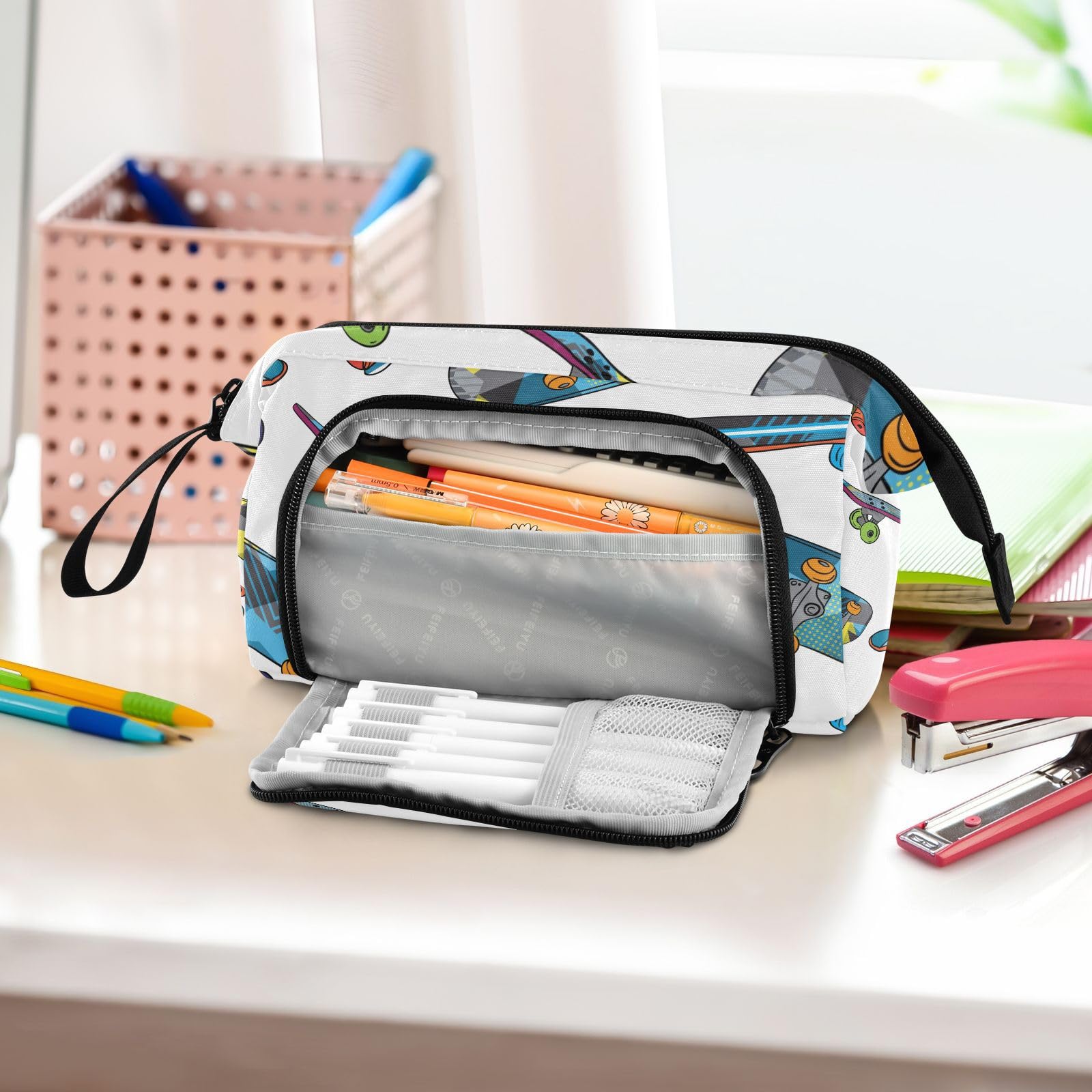 Yasala Pencil Case Skateboard Cool Pen Pouch Holder Art Kits Storage Bag Cosmetic Organizer Carrying Case for Office Supplies Travel Bag for Makeup Large Stationary Bag with Handle