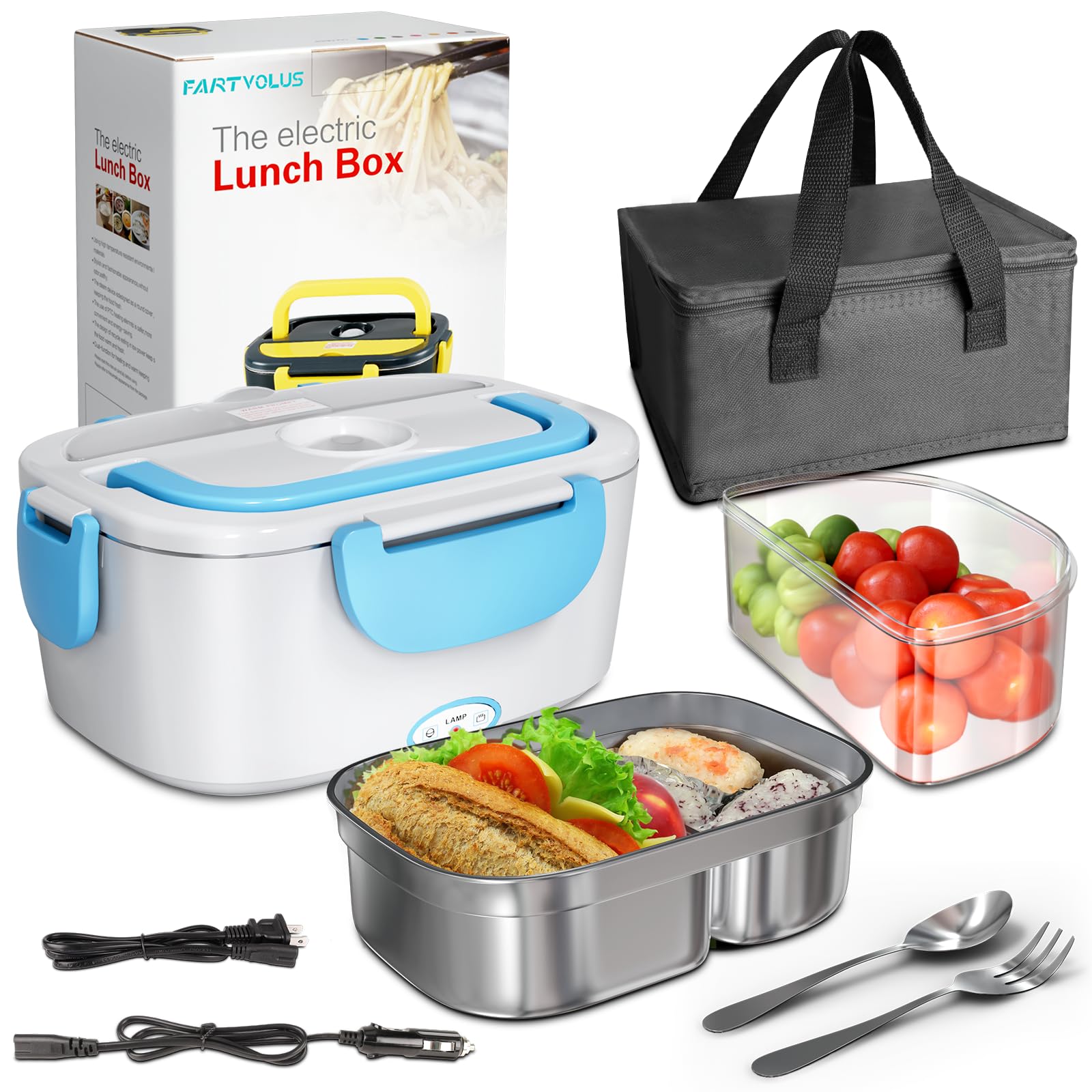 FARTVOLUS Electric Lunch Box 80W Food Heater for Adults, 12/24/110V Upgraded Portable Heated Lunch Box with 1.5L/304 Stainless Steel Container Fork & Spoon, for Work/Men/Car/Truck/Camping