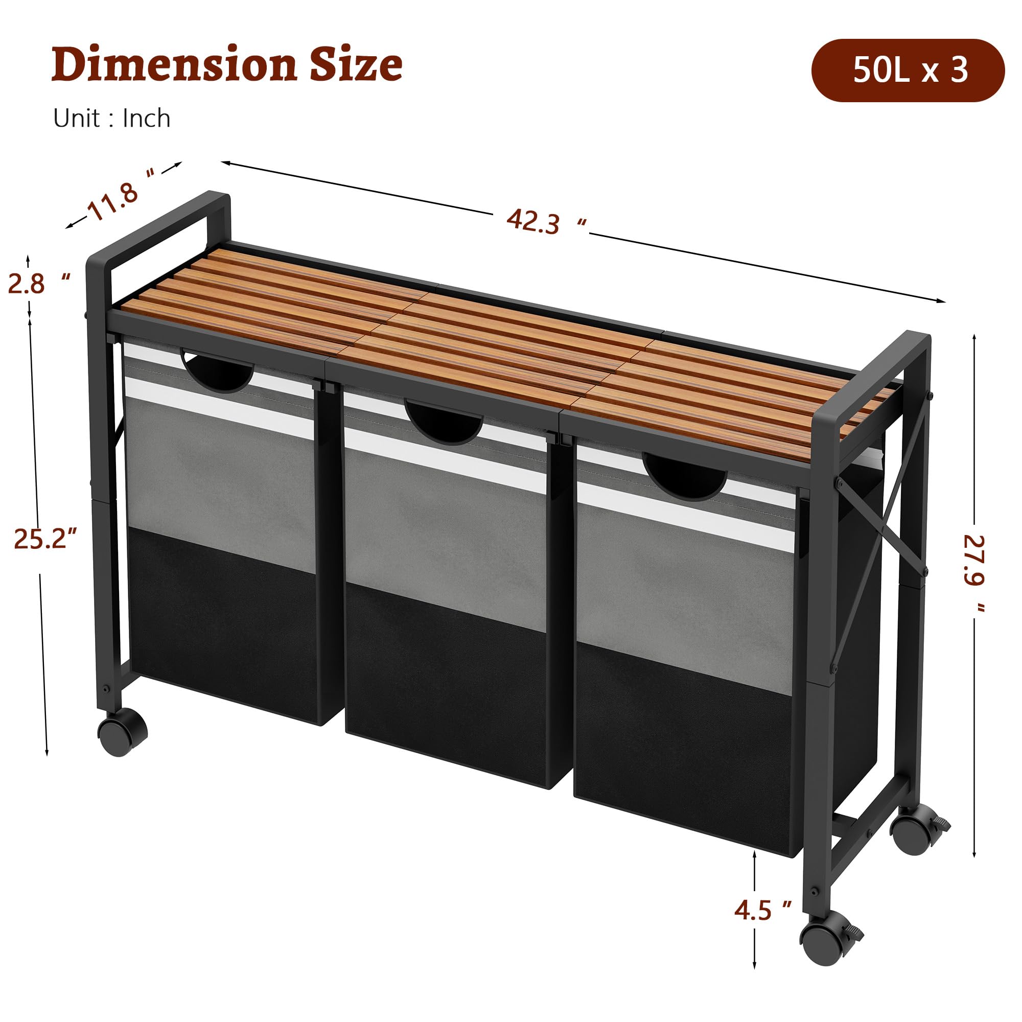 Laundry Sorter with Shelf, 150L Laundry Basket Organizer, 3 Section Laundry Hamper with Rolling Wheels, Grey Black (1 Tier)