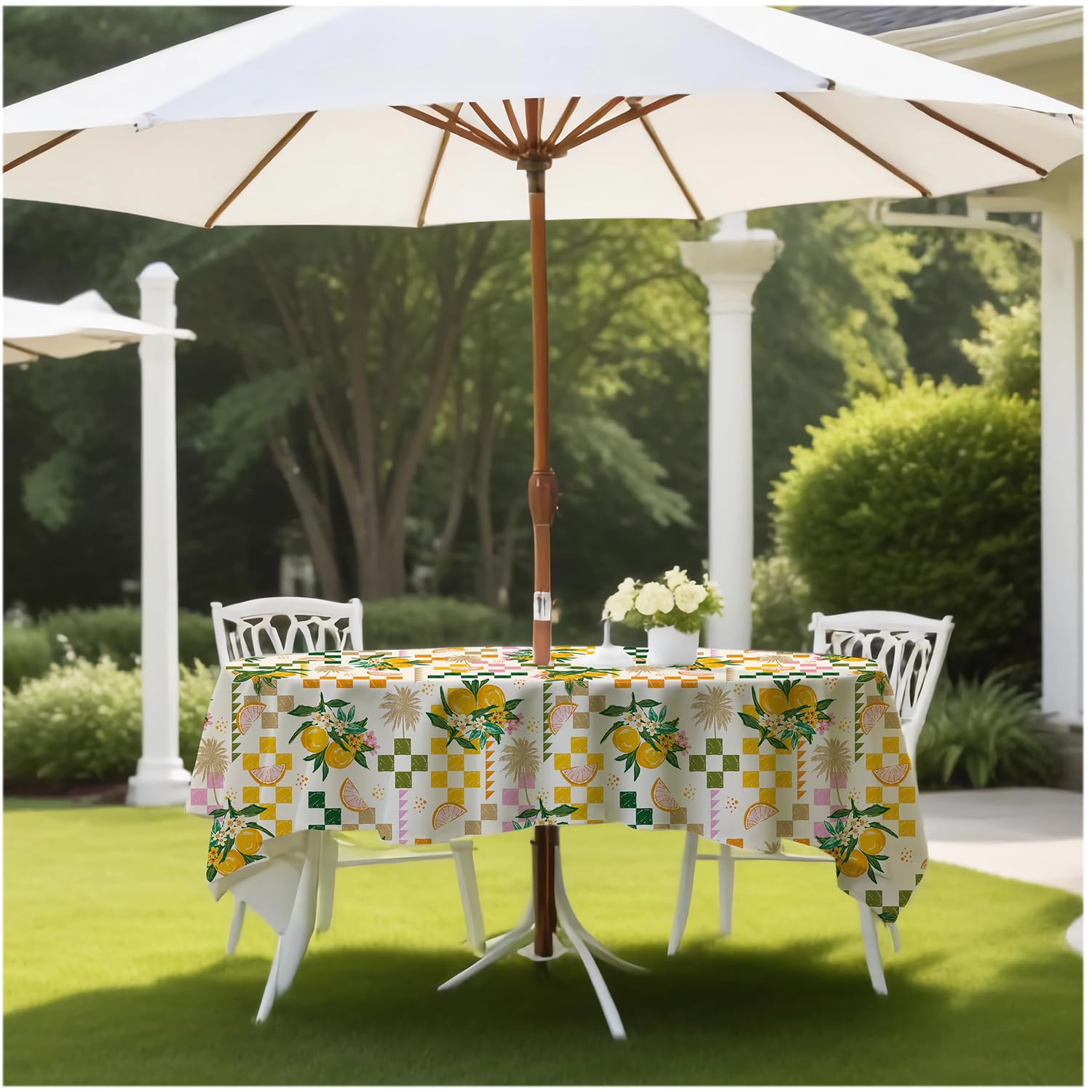 Honellaty Round Outdoor Tablecloth with Umbrella Hole and Zipper, Spill Proof Wrinkle Free Table Cloth, Washable Polyester Patio Table Cover for Picnic BBQS(Lemon,60 x 60 Inch)