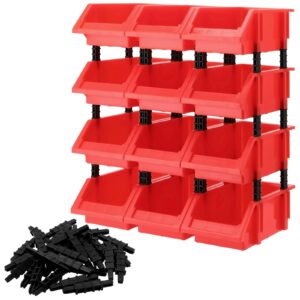 hoigon 12 pack red garage storage tool bin, 7.09 x 4.72 x 3.15 inch plastic hanging stacking stackable organizer storage rack for hardware tools organization, workshop, small parts