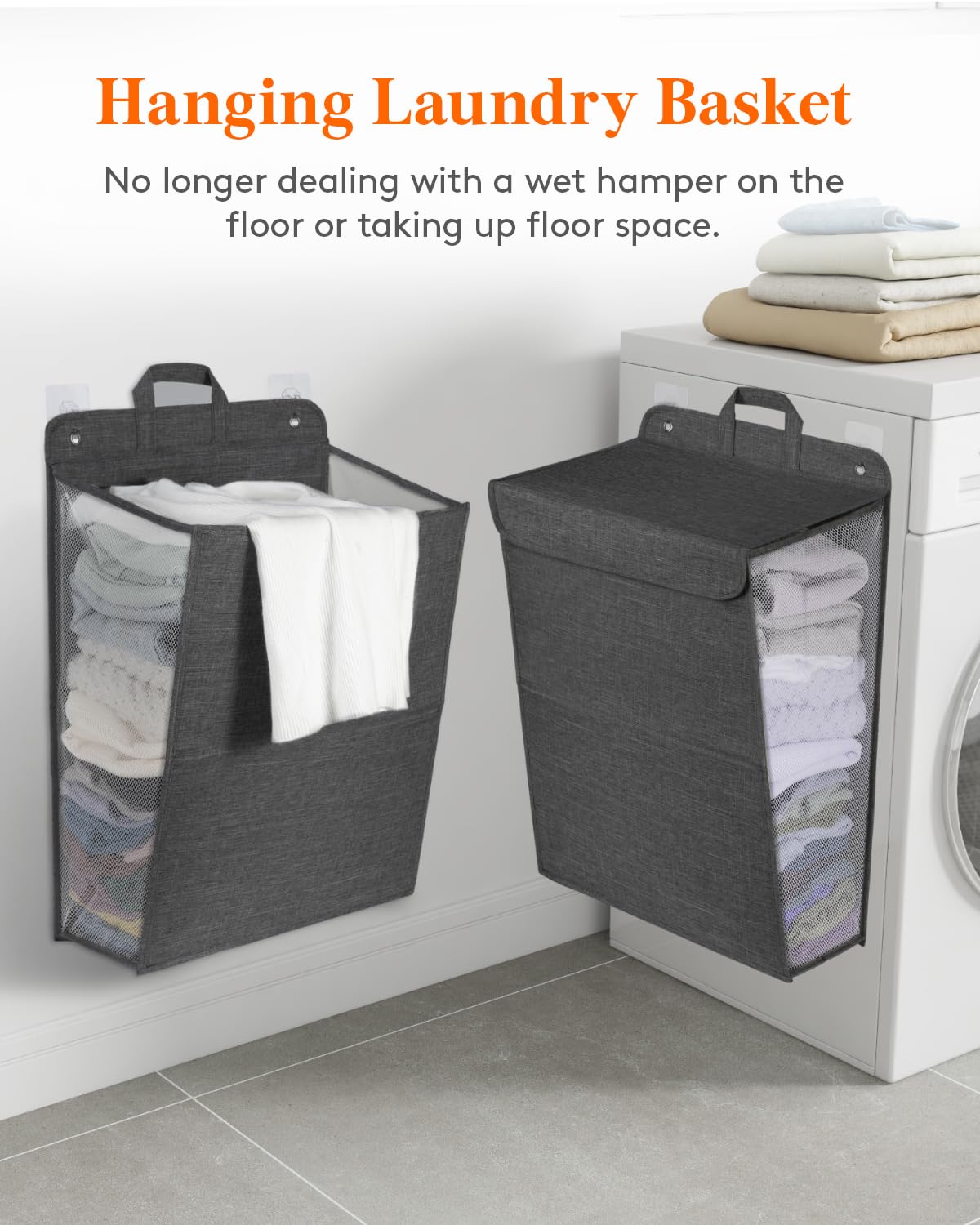 Lifewit 50L Hanging Laundry Hamper, 2 Pack Collapsible Large Opening Portable Laundry Basket with Lid and Handle, Wall Mounted Mesh Dirty Clothes Hamper Over the Door and Wall for Bathroom Dorm, Black