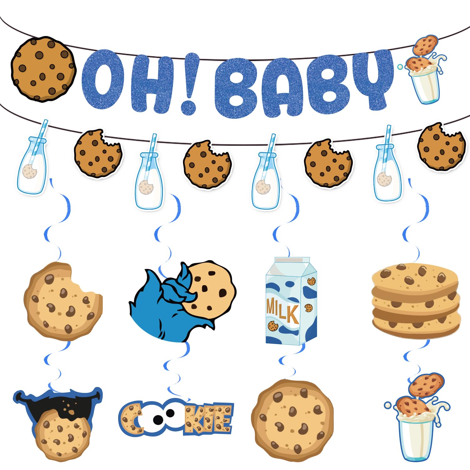 Milk and Cookies Baby Shower Banner, Oh Baby Blue Banner Cookies Milk Party Hanging Swirls Milk and Cookies Baby Shower Party Supplies