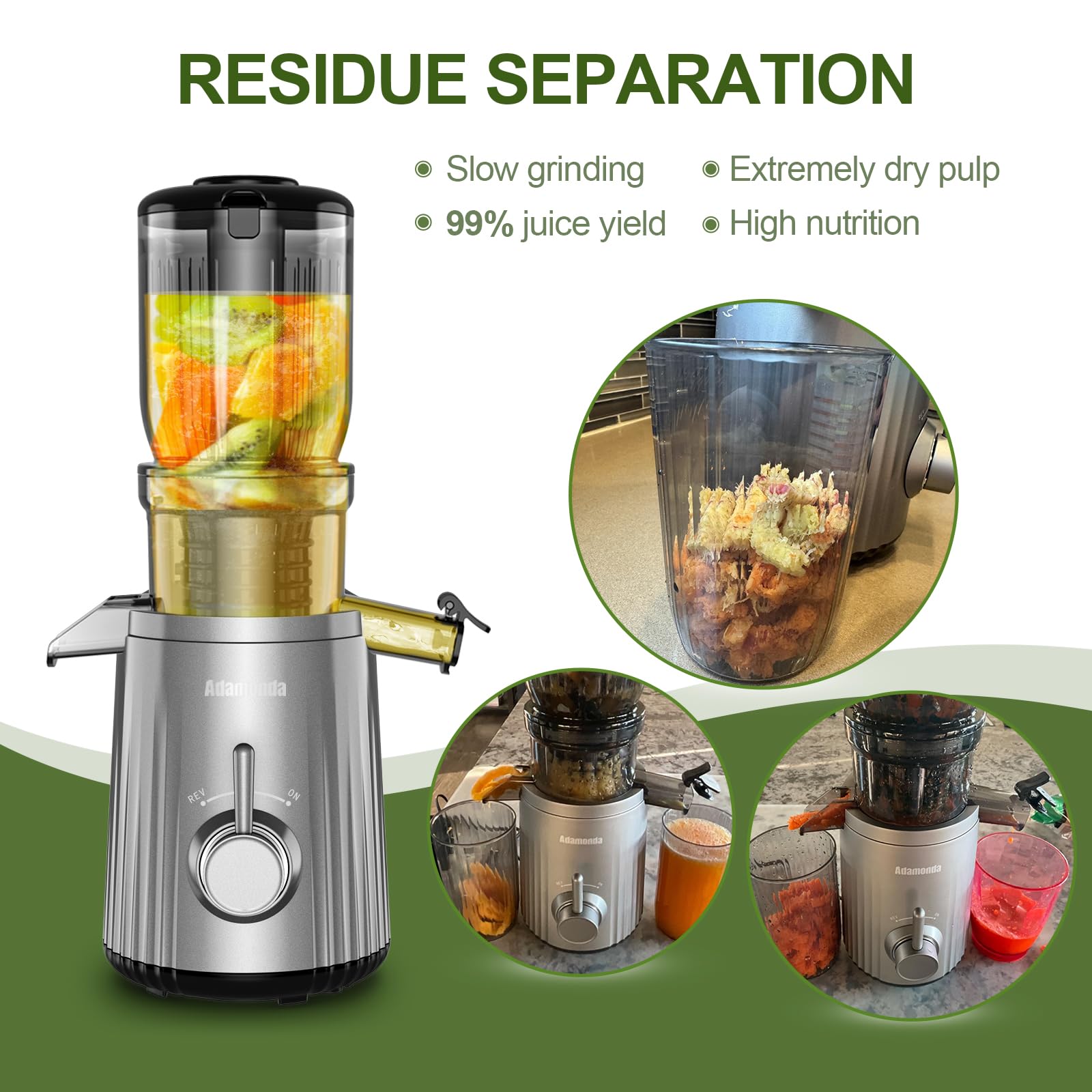 Slow Masticating Machines With Exclusive Filter Technology for High Juice Yield & Easy Clean,4.2'' Extra Large Feed Chute Cold Press Juicer Machine Fit Whole Fruits Vegetables,Silver Grey