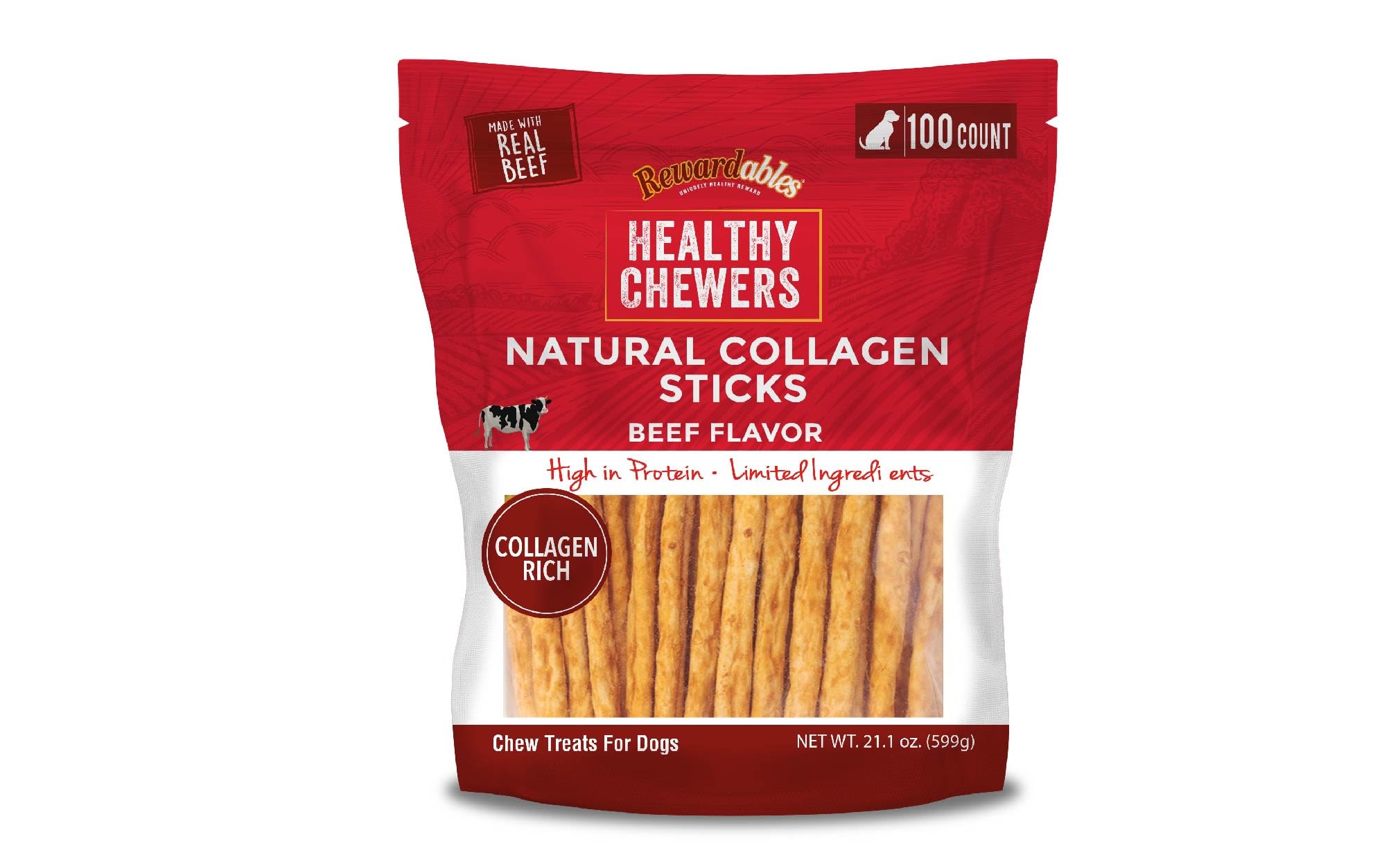 Rewardables | Healthy Chewers | Natural Collagen and Beef Sticks for Dogs | 100 Count | High Protein and Limited Ingredient Dog Chews