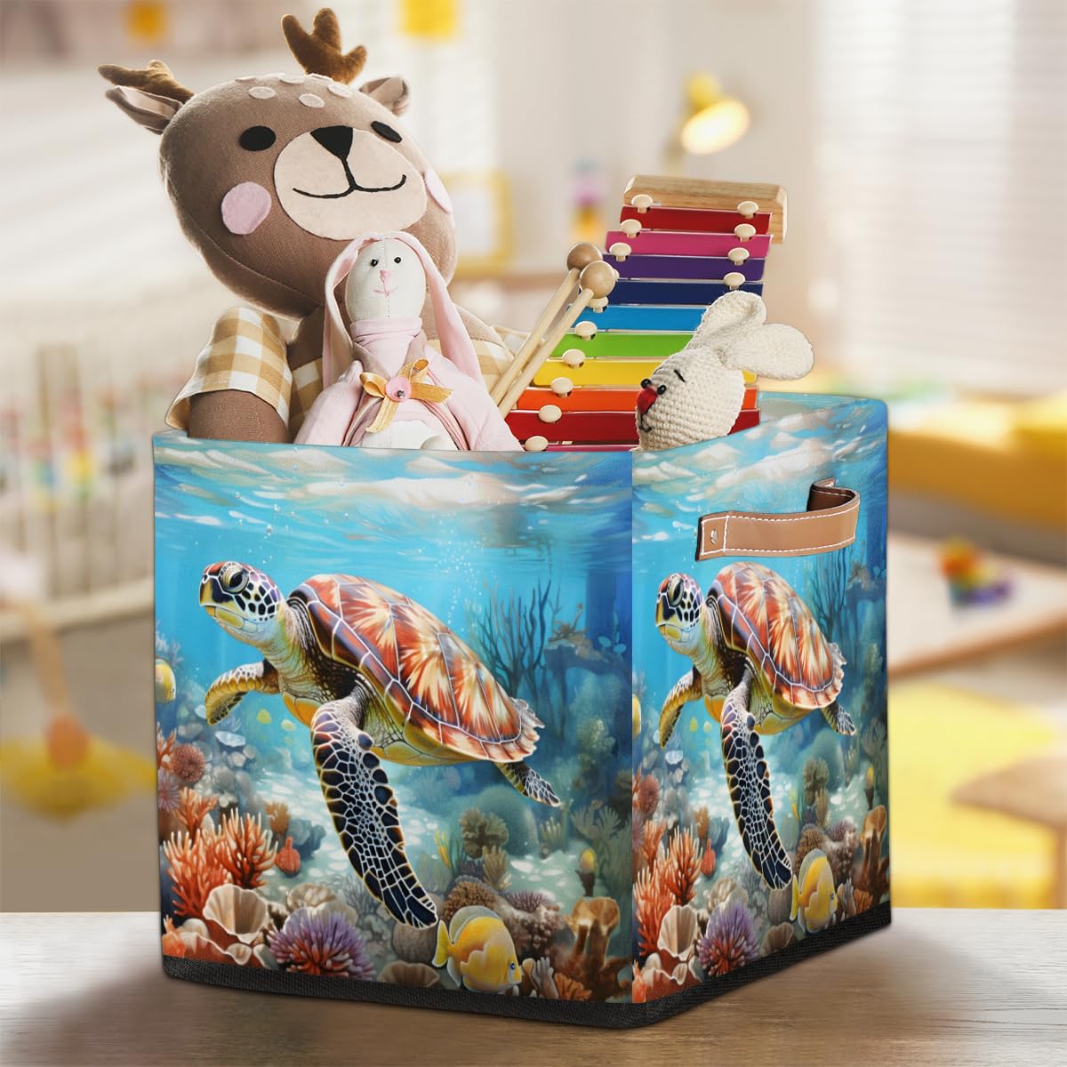 TropicalLife 13x13x13 Inch Ocean Beach Turtle Large Fabric Storage Cubes, Collapsible Cube Storage Bins Organizer Boxes Cube Baskets for Organizing Closet Shelves