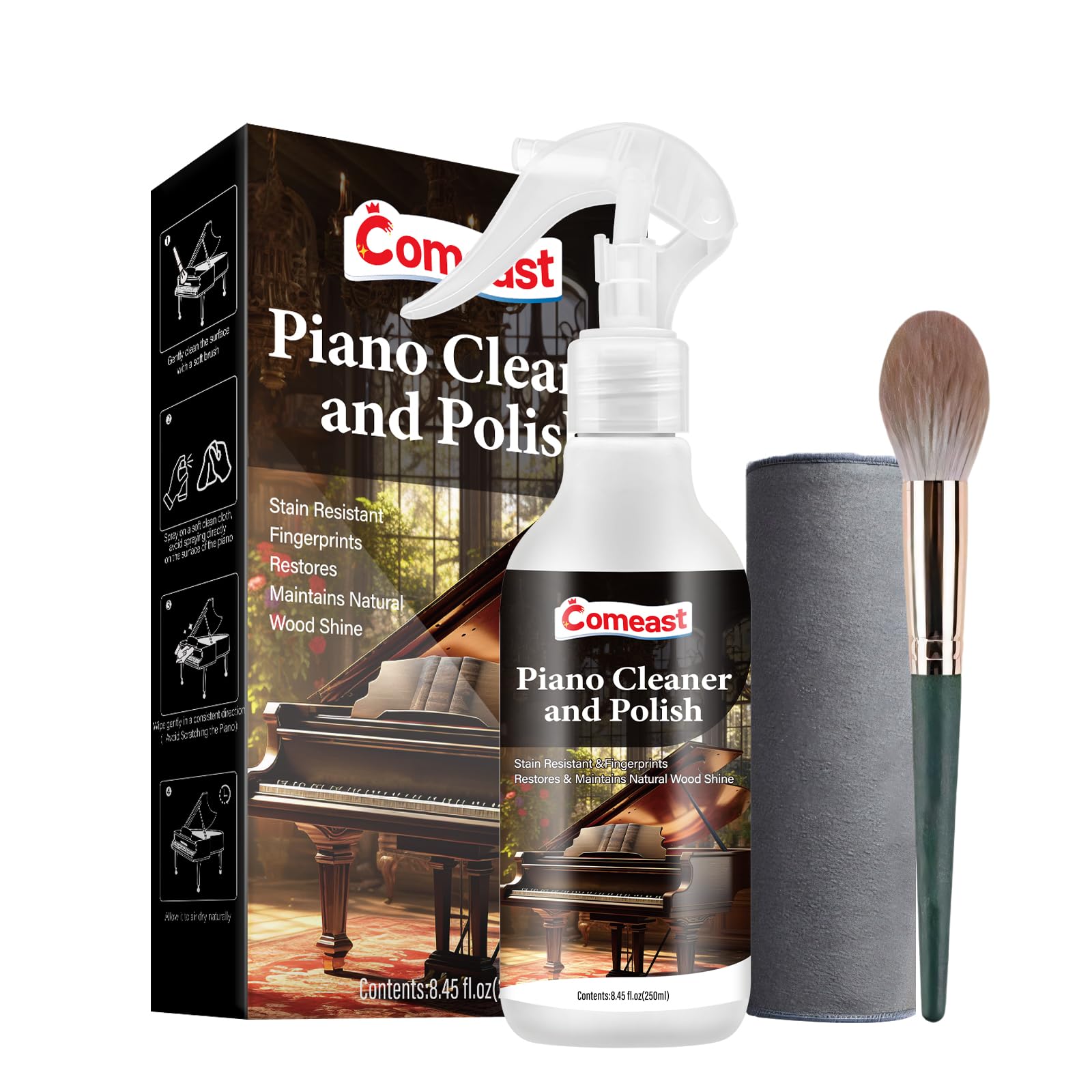 Piano Cleaner and Polish, Clean, Wax and Protect Glossy All in One Bottle Restore the Shine, Remove Fingerprints and Stains, and Enhance the Brightness of the Wood or Lacquer Finish, 8.45 Fl Oz