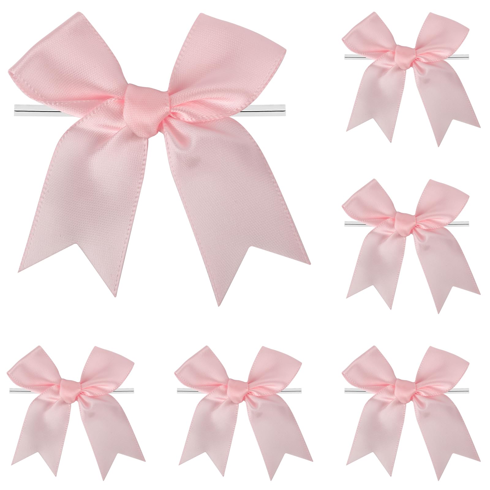 Twist Tie Bows, Satin Ribbon Bows - 3 Inches, 50-Pack for Treat Bags Gift Wrapping Basket Crafts Wedding Baby Shower Brithday Christmas Party Decorations (Pink)