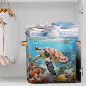 TropicalLife 13x13x13 Inch Ocean Beach Turtle Large Fabric Storage Cubes, Collapsible Cube Storage Bins Organizer Boxes Cube Baskets for Organizing Closet Shelves