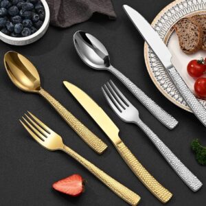 ELiTA ESSENTIALS Luxury 24 Pieces Flatware Set, Hammered Cutlery Set, Premium 304 Stainless Steel Silverware, Knives Forks Spoons, Cutlery Set, Utensils, Tableware Set, Serving 6 (Gold)