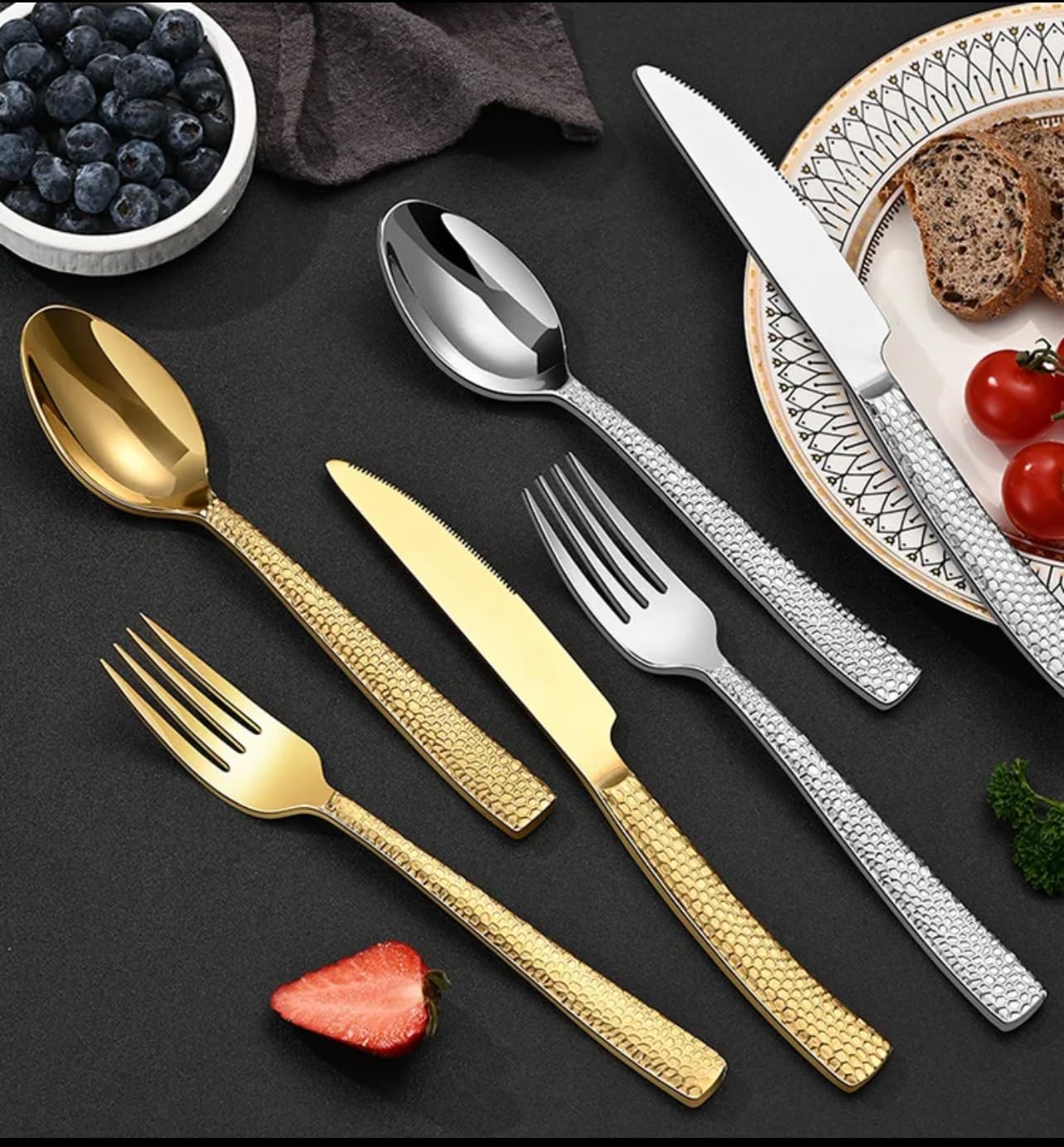 ELiTA ESSENTIALS Luxury 24 Pieces Flatware Set, Hammered Cutlery Set, Premium 304 Stainless Steel Silverware, Knives Forks Spoons, Cutlery Set, Utensils, Tableware Set, Serving 6 (Gold)