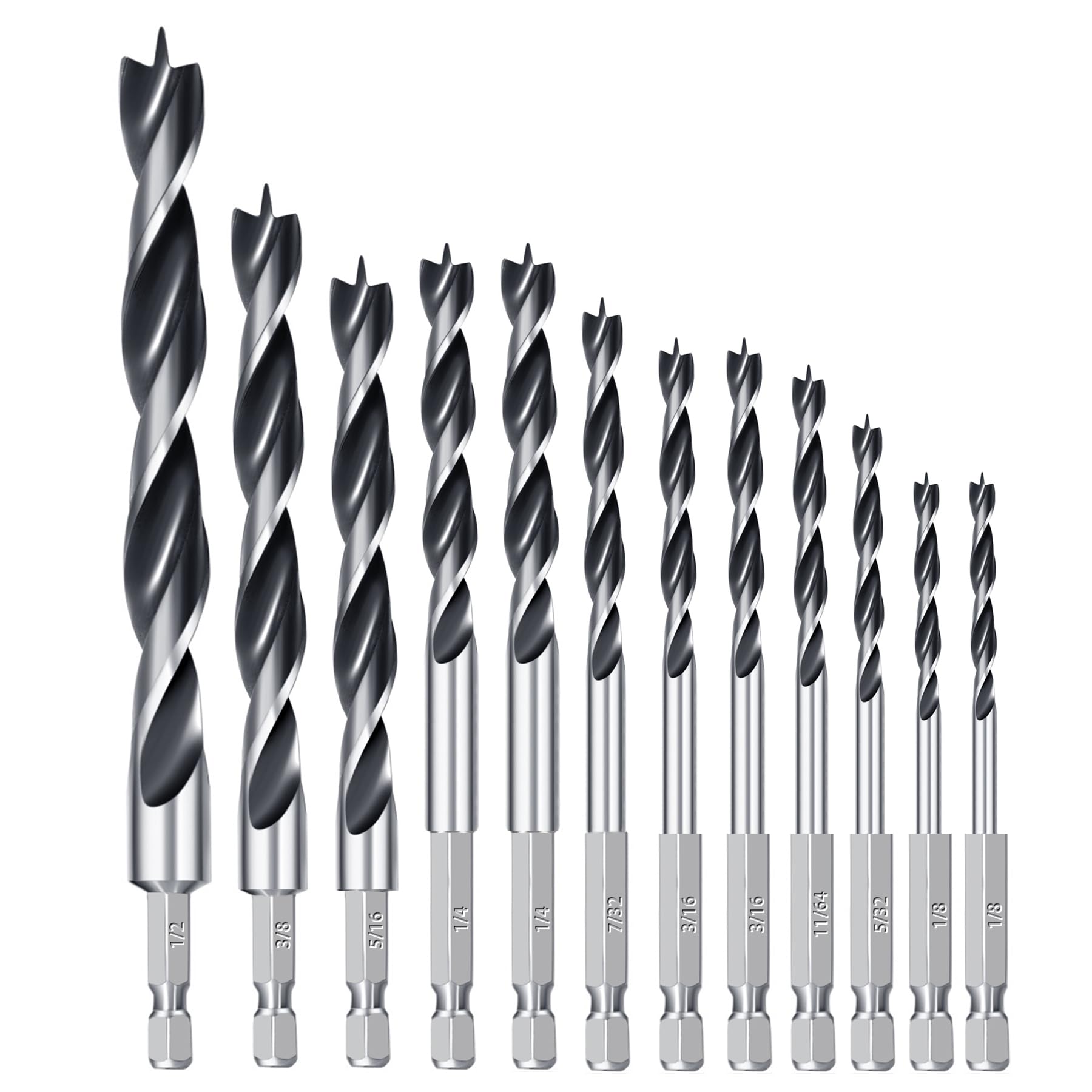 Brad Point Drill Bit Set 12Pcs (1/8" - 1/2") Hex Drill Bit Set with Double Flutes Design for Hardwood, Plywood, Plastic Round Holes in All Types of Wood