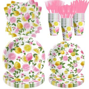 suhelkit lemon party decorations tableware for girls - lemon birthday party supplies, plate, napkin, cup, cutlery, summer pink lemon baby shower bridal shower table decorations dinnerware | 24 guests