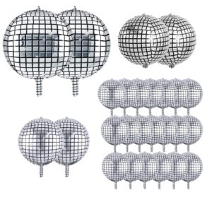 hyhjbln 26pcs disco ball balloons different sizes- 4d large disco balloons 22 18 15 10 inch metallic silver disco mylar foil balloons round balloons for 70s 80s 90s disco themed party decor supplies