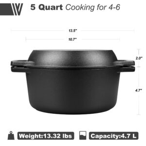 VORRINGARD Pre-seasoned Cast Iron Double Dutch Oven Pot with Skillet Lid, Dual-handle, for Bread Baking, Outdoor, Campfire Cooking, 5 Quart