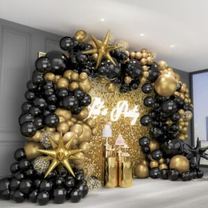 PARTYNOW 137Pcs Black and Gold Balloons Garland Arch Kit 5/10/12/18in Black Metallic Gold Confetti Latex Balloons with Explosion Star Balloons for Graduation Anniversary Birthday Party Decorations