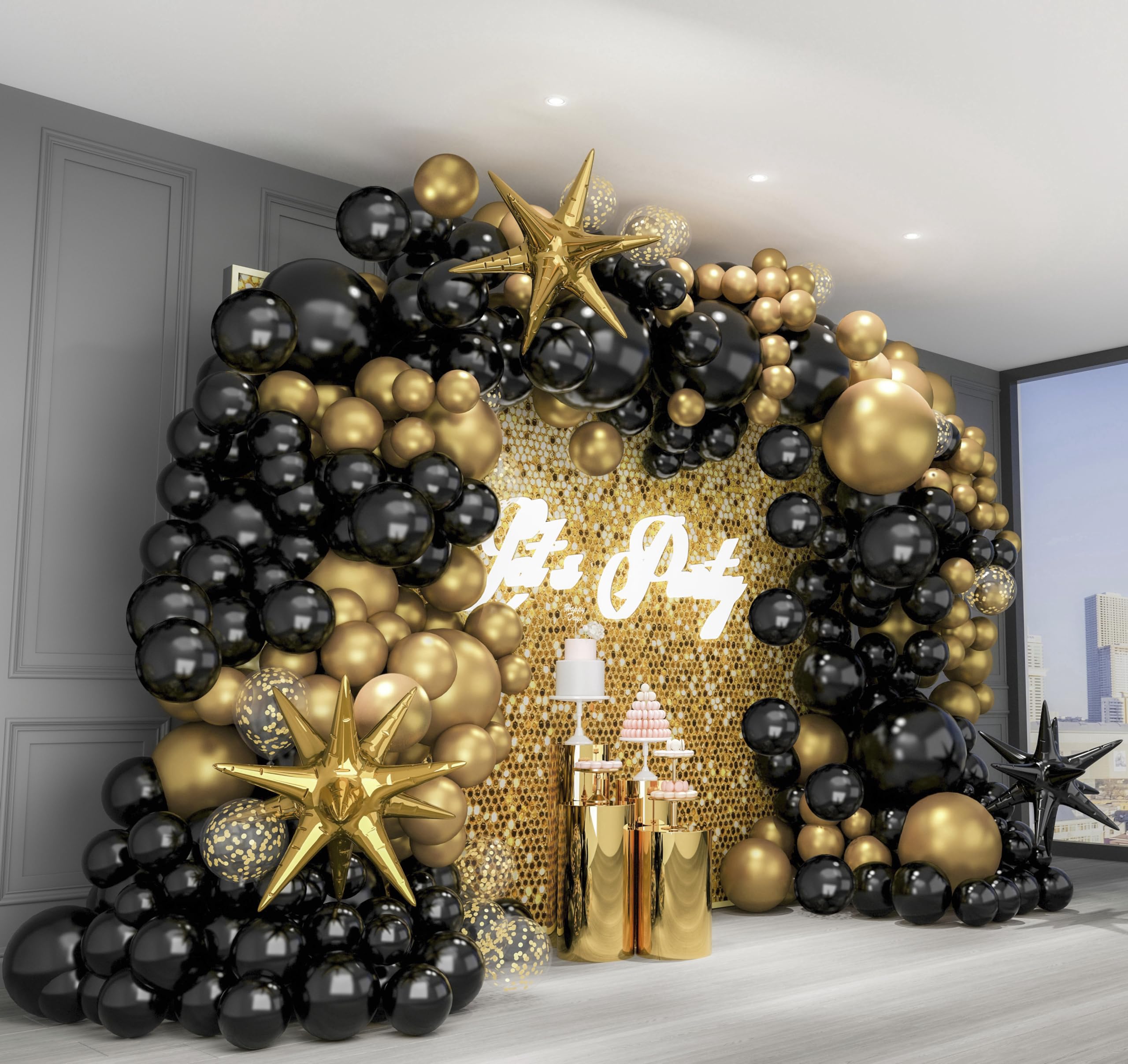 PARTYNOW 137Pcs Black and Gold Balloons Garland Arch Kit 5/10/12/18in Black Metallic Gold Confetti Latex Balloons with Explosion Star Balloons for Graduation Anniversary Birthday Party Decorations