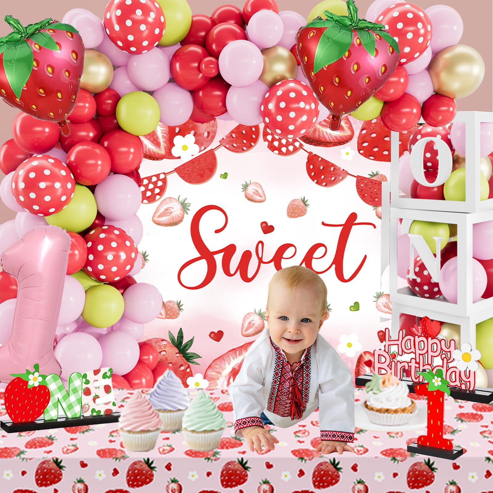 Strawberry First Birthday Decor for Girl-Strawberry Balloon Arch with Baby Boxes, Strawberry First Backdrop for Sweet One Girl 1st Birthday Party,Strawberry Party Decorations,Girl Baby Shower Party