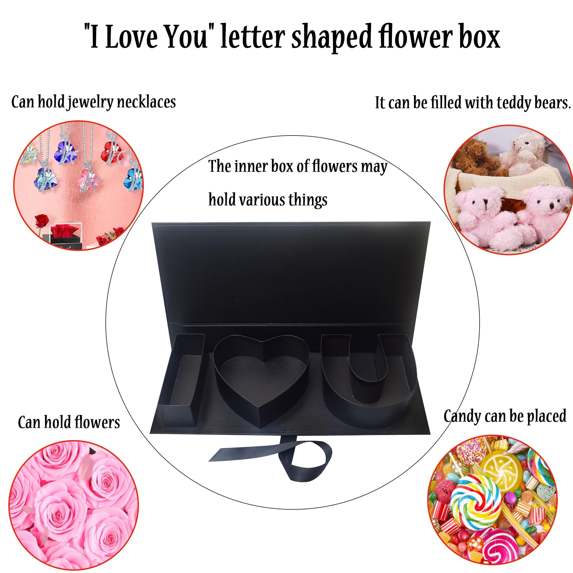 Valentines Day Flower Gift Box: "i Heart U" Letter Large Flower Boxes with Ribbon for Christmas, Wedding Party, Mothers Birthday Love Favors, Bridal Shower Chocolate Packaging, Rose Bouquet Present (black)