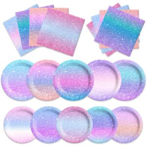 cmusko 60pcs holographic plates and napkins-iridescent diamond party decorations colorful holographic print paper plates for birthday,wedding,bridal shower