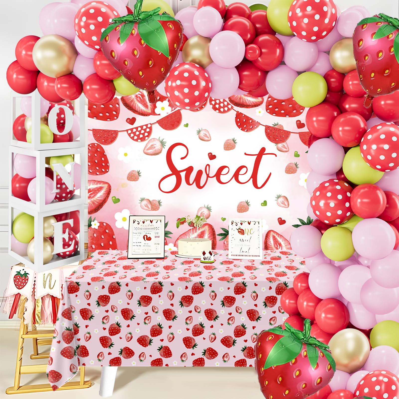 Strawberry First Birthday Decor for Girl-Strawberry Balloon Arch with Baby Boxes, Strawberry First Backdrop for Sweet One Girl 1st Birthday Party,Strawberry Party Decorations,Girl Baby Shower Party