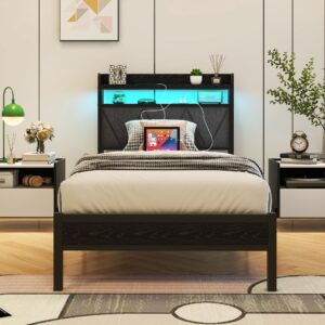 verfarm twin size bed frame with led lights storage upholstered headboard and usb charging station, heavy duty metal single platform bed frame twin size, no box spring needed, easy assembly