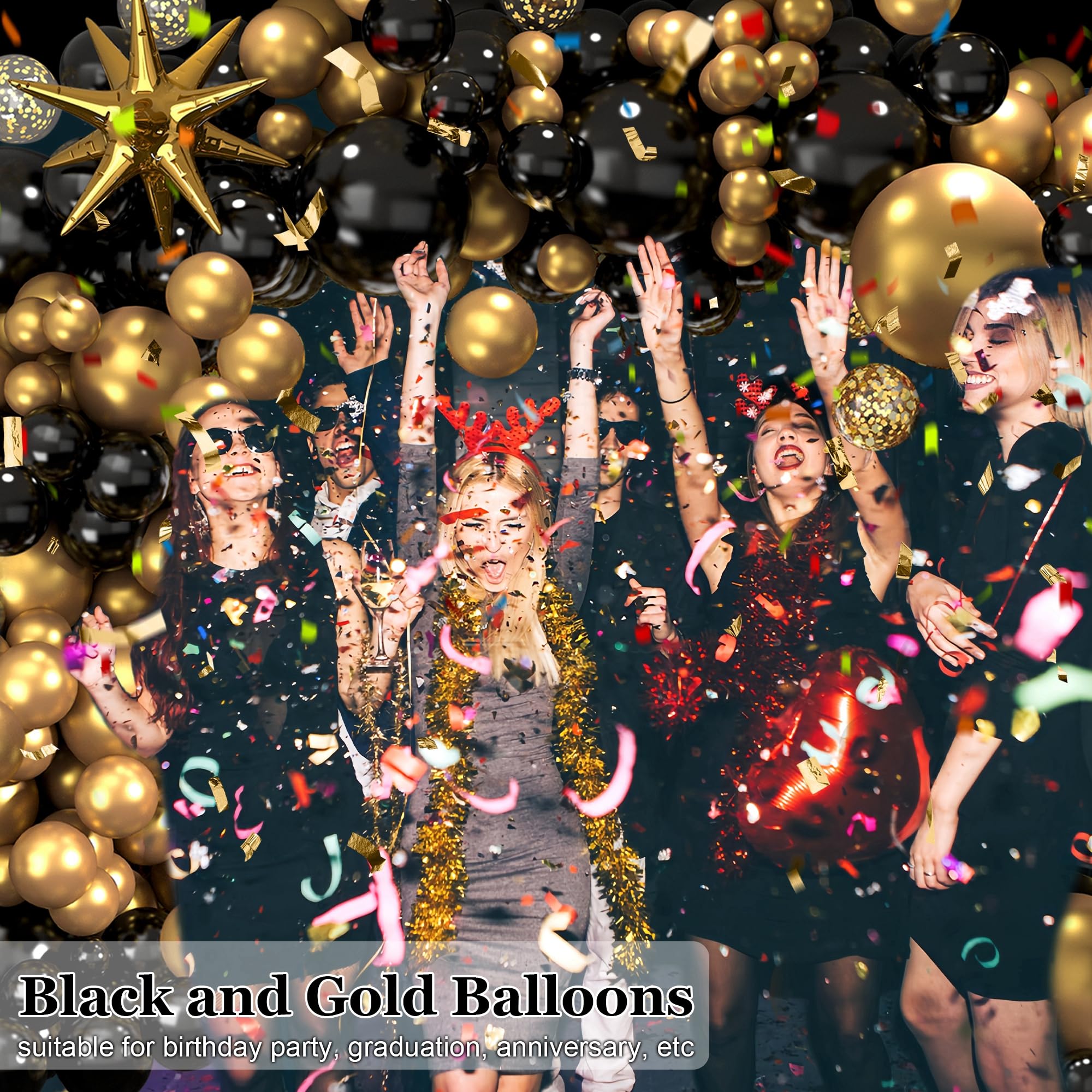 PARTYNOW 137Pcs Black and Gold Balloons Garland Arch Kit 5/10/12/18in Black Metallic Gold Confetti Latex Balloons with Explosion Star Balloons for Graduation Anniversary Birthday Party Decorations