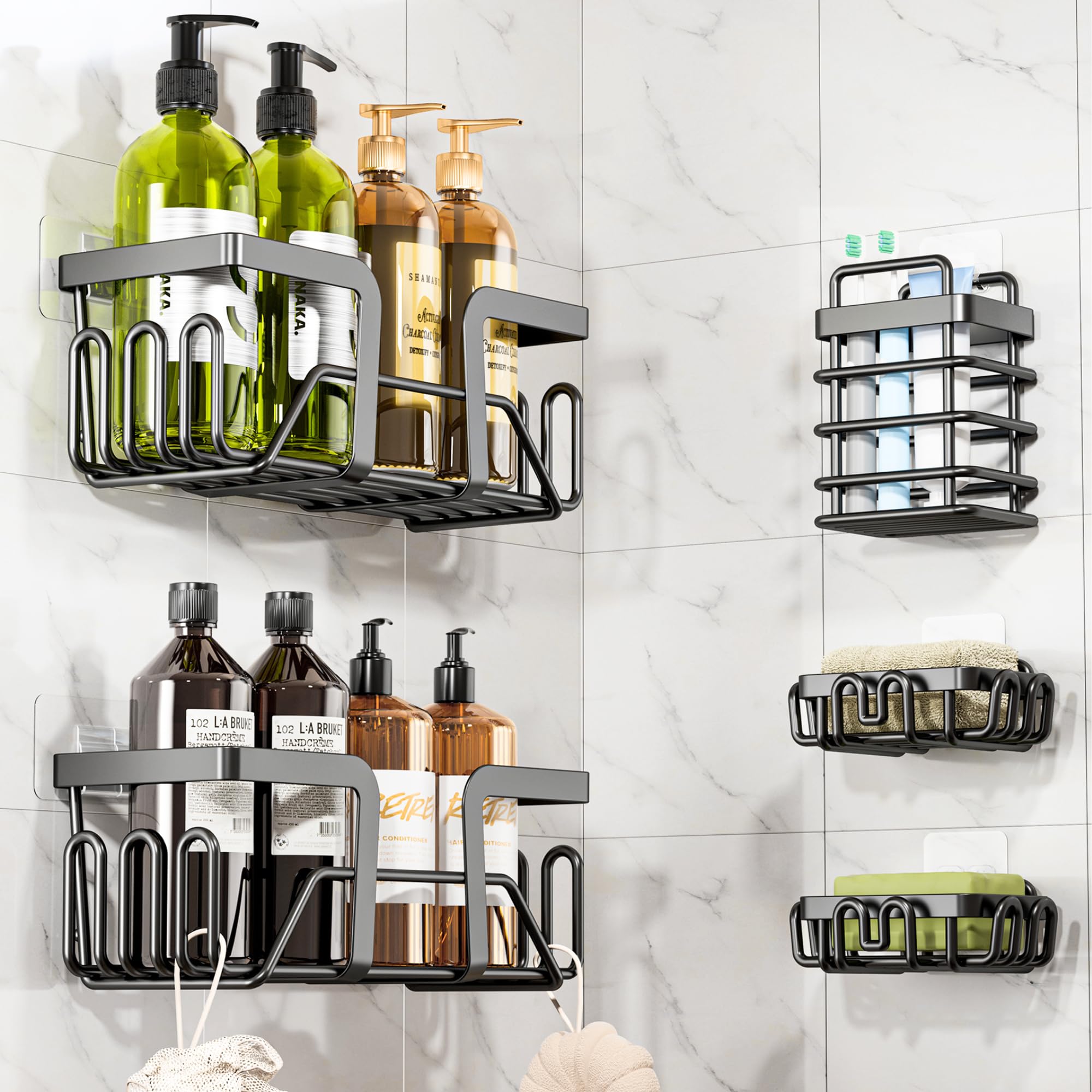 BEKU Shower Caddy 5 Pack - Bathroom Kitchen Organizer & Storage Rack - Adhesive Shelves inside Shower - No Drilling Stainless Steel Accessories Set - Black