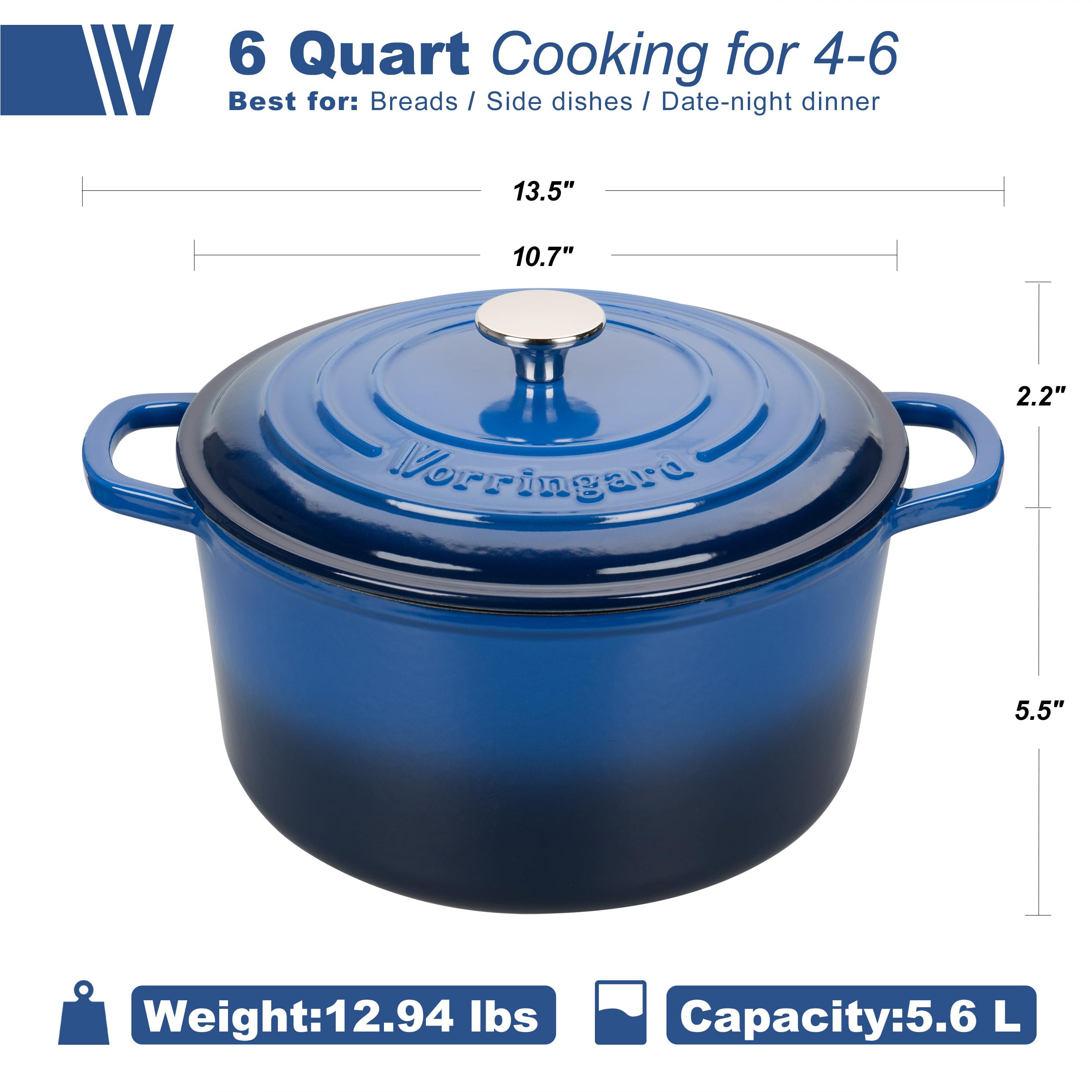 VORRINGARD Enameled Cast Iron Dutch Oven Pot with Lid, for Sourdough Bread Baking, Round Dutch Ovens, 6 Quart, Blue